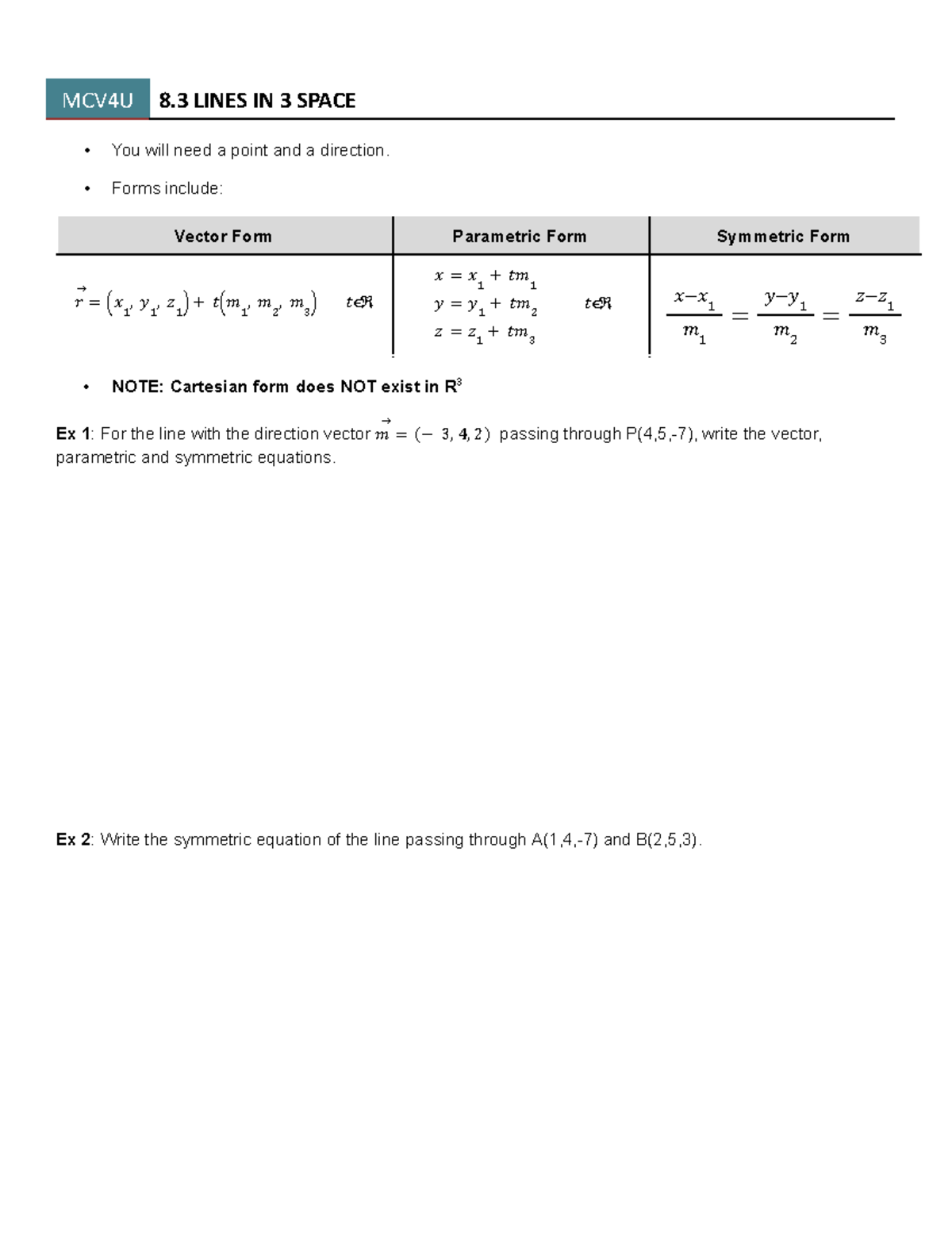 Lesson for unit 8 - MCV4U 8 LINES IN 3 SPACE • You will need a point ...