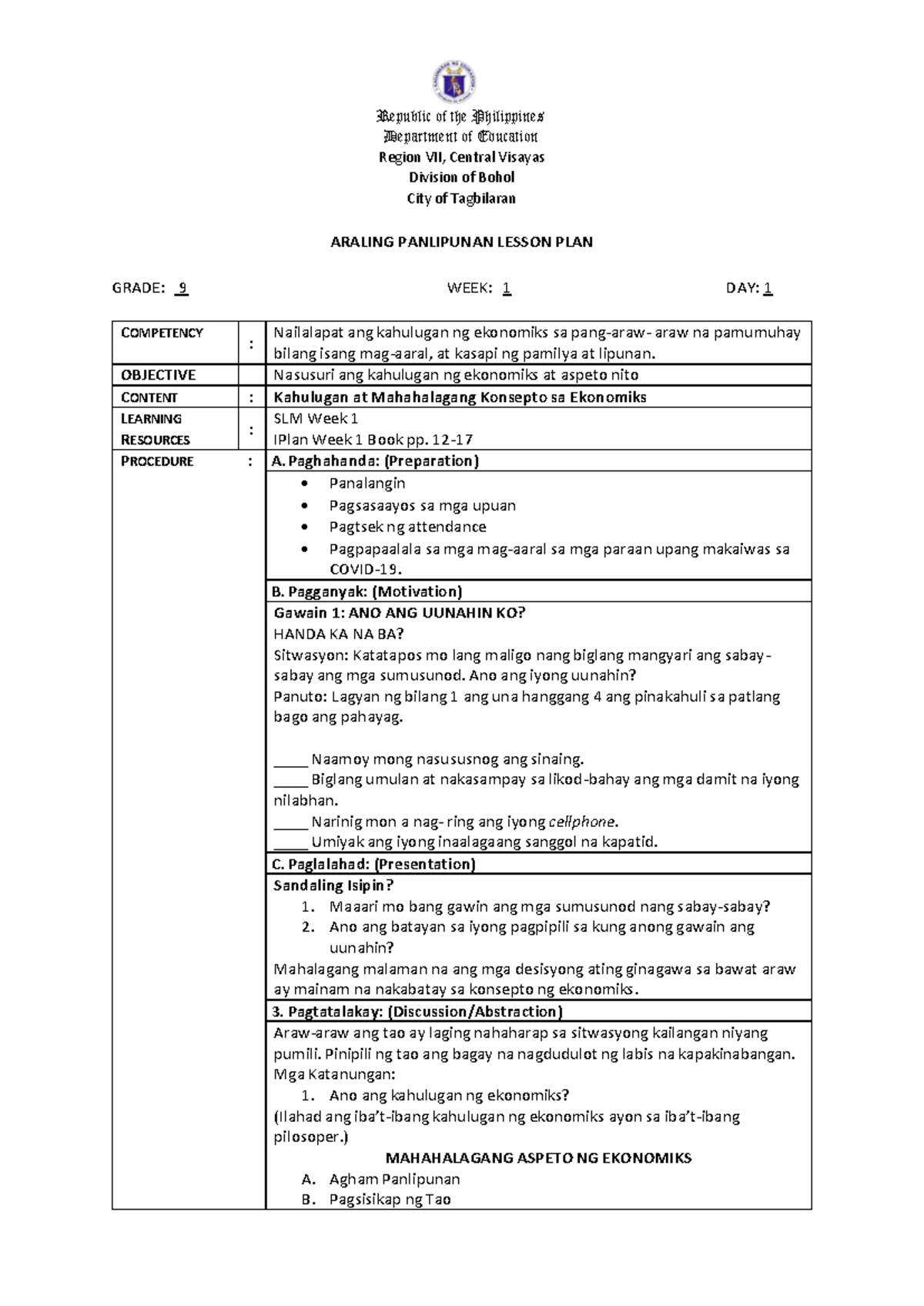 Bohol AP9 Q1 PLP1 Day1 - Lesson Guide on Ekonomiks Concepts - Studocu