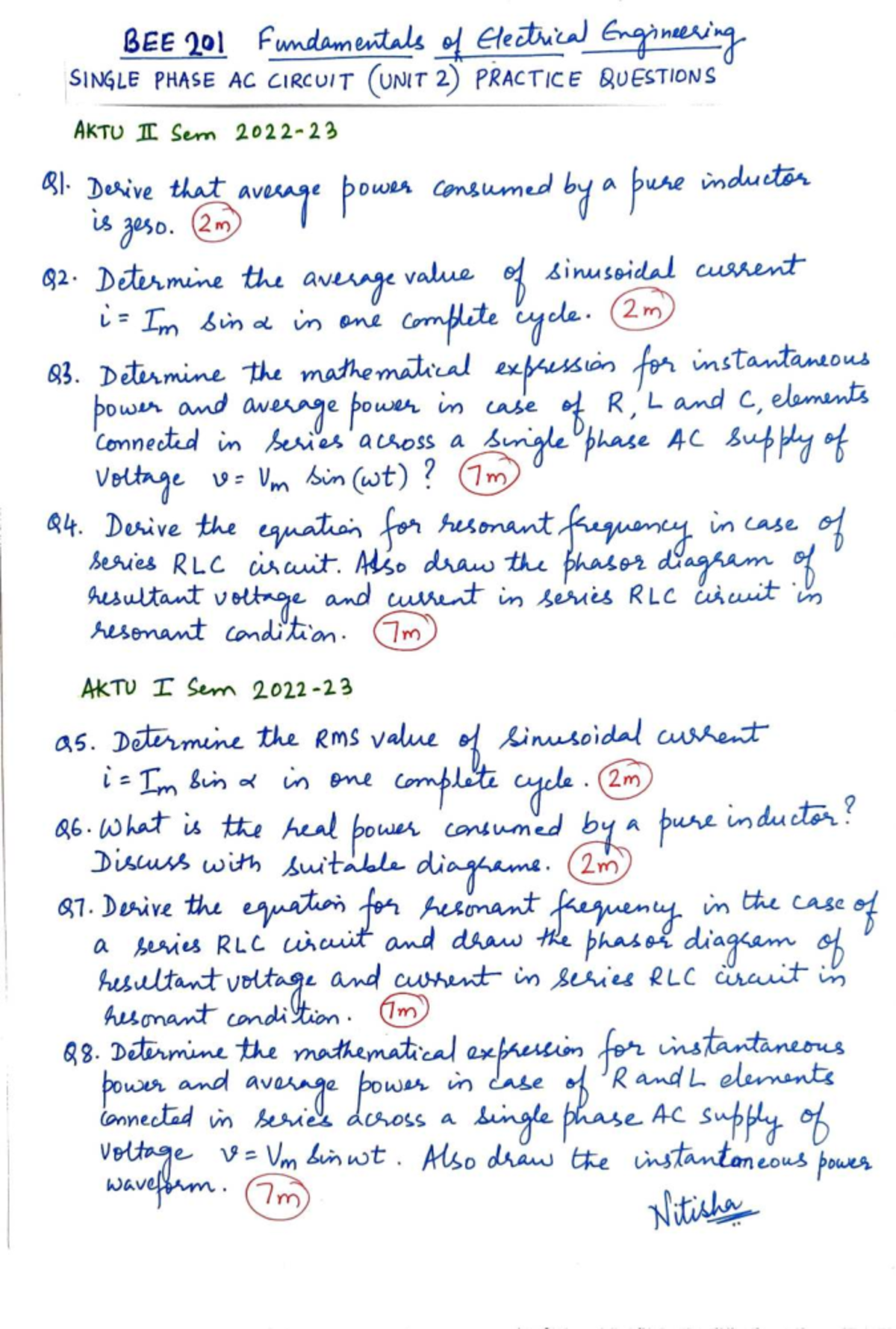 BEE 201 Practice Questions for Single Phase AC Circuit (Unit 2) - Studocu
