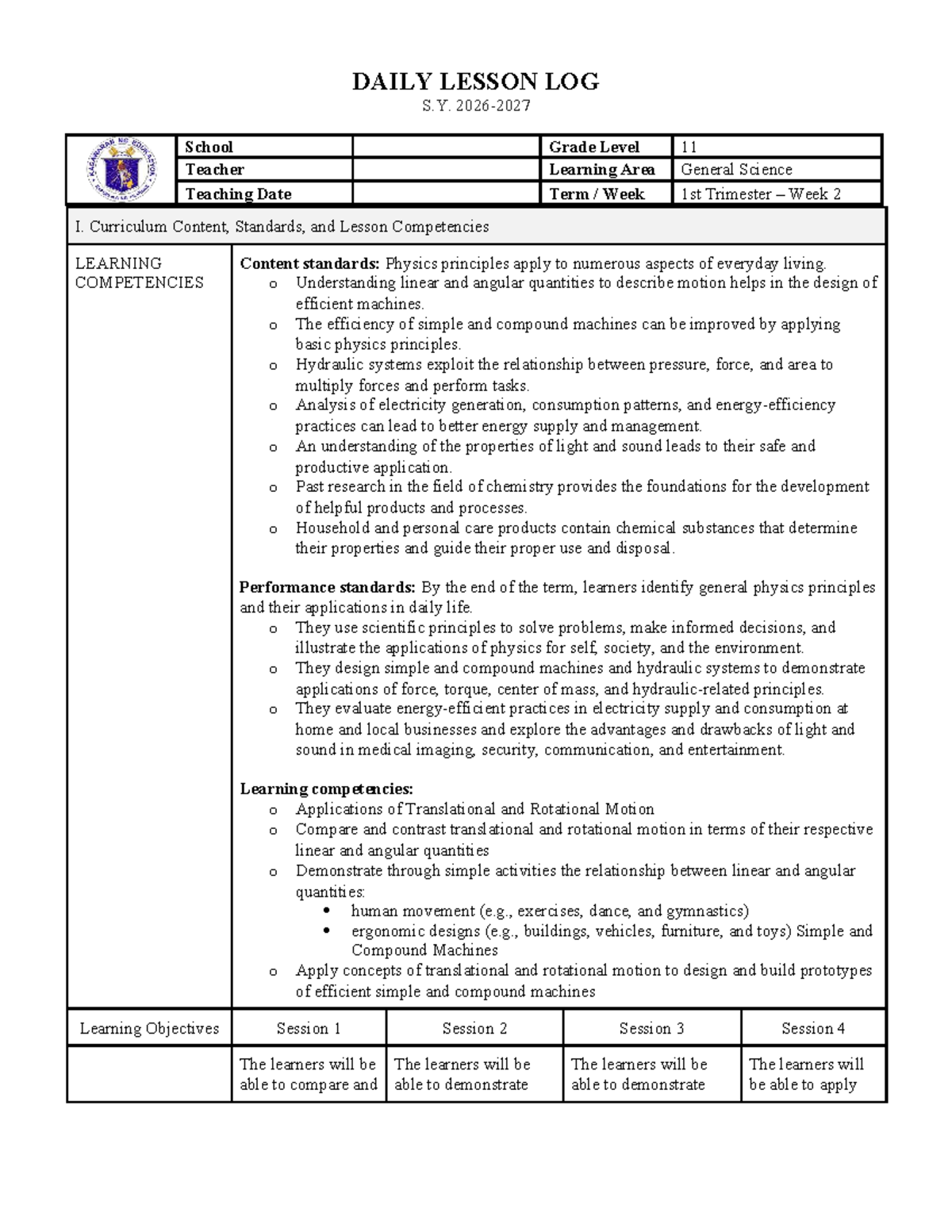 DLL GS 1TW2: Daily Lesson Log for General Science - Week 2 - Studocu