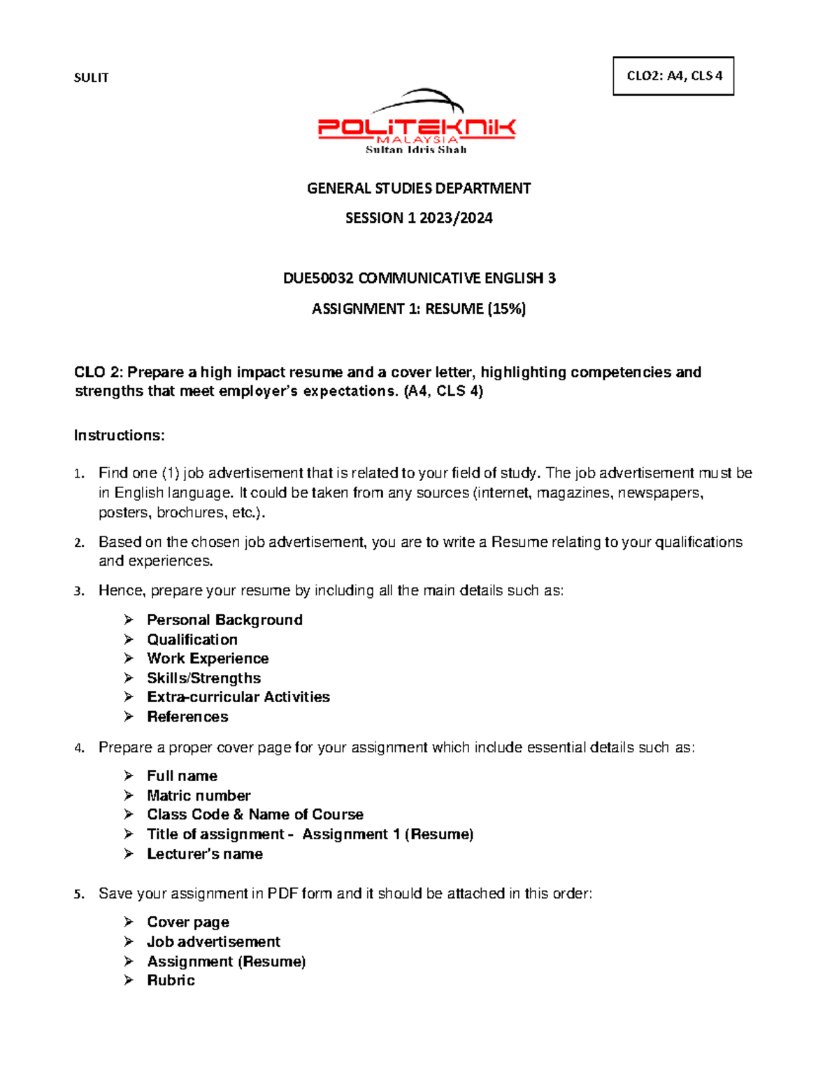 DUE50032 Resume Assignment Task & Rubric - General Studies 2023/24 ...