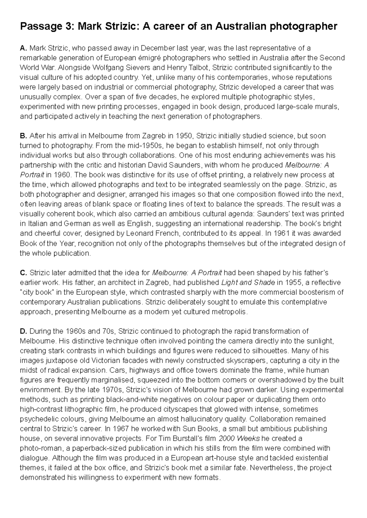 Passage 3: Mark Strizic - A Career Overview of an Australian ...