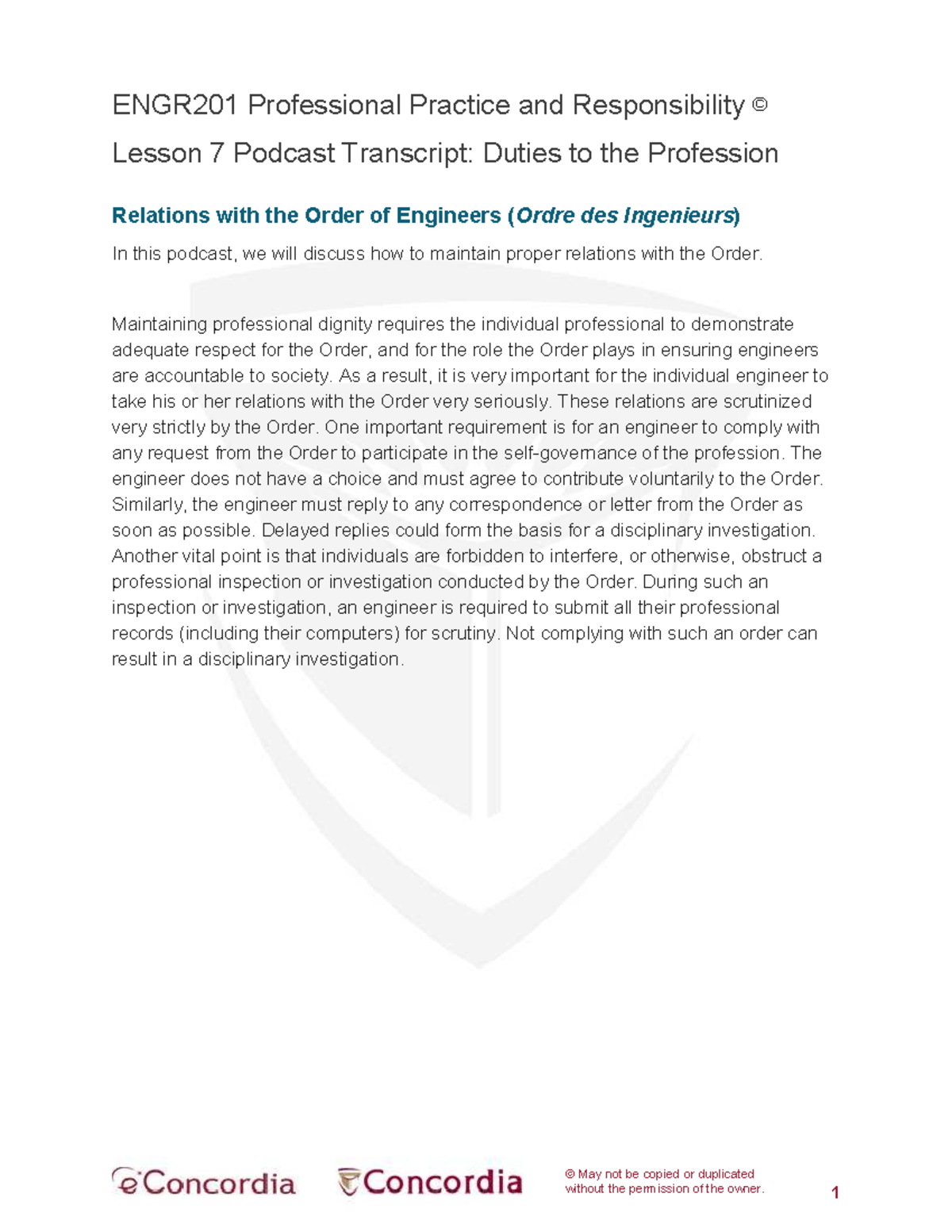 ENGR201 Professional Practice Lesson 7: Relations with the Order - Studocu