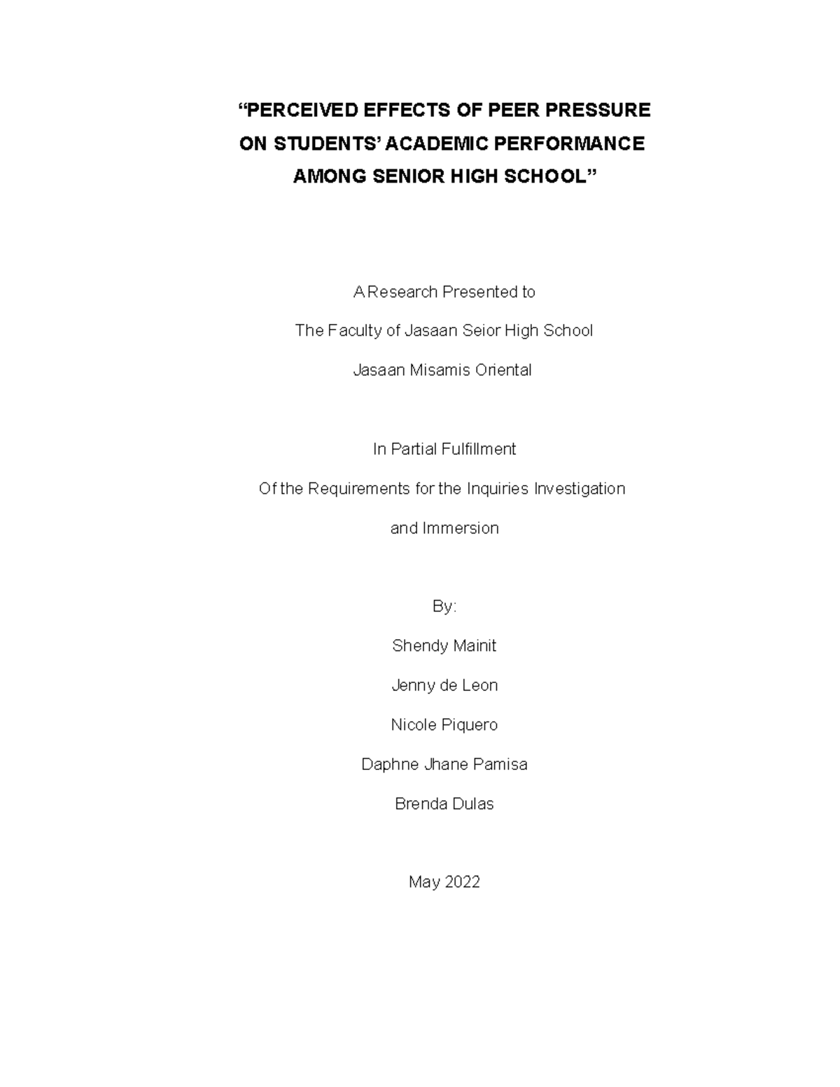 EDU 580: Perceived Effects of Peer Pressure on Academic Performance in ...