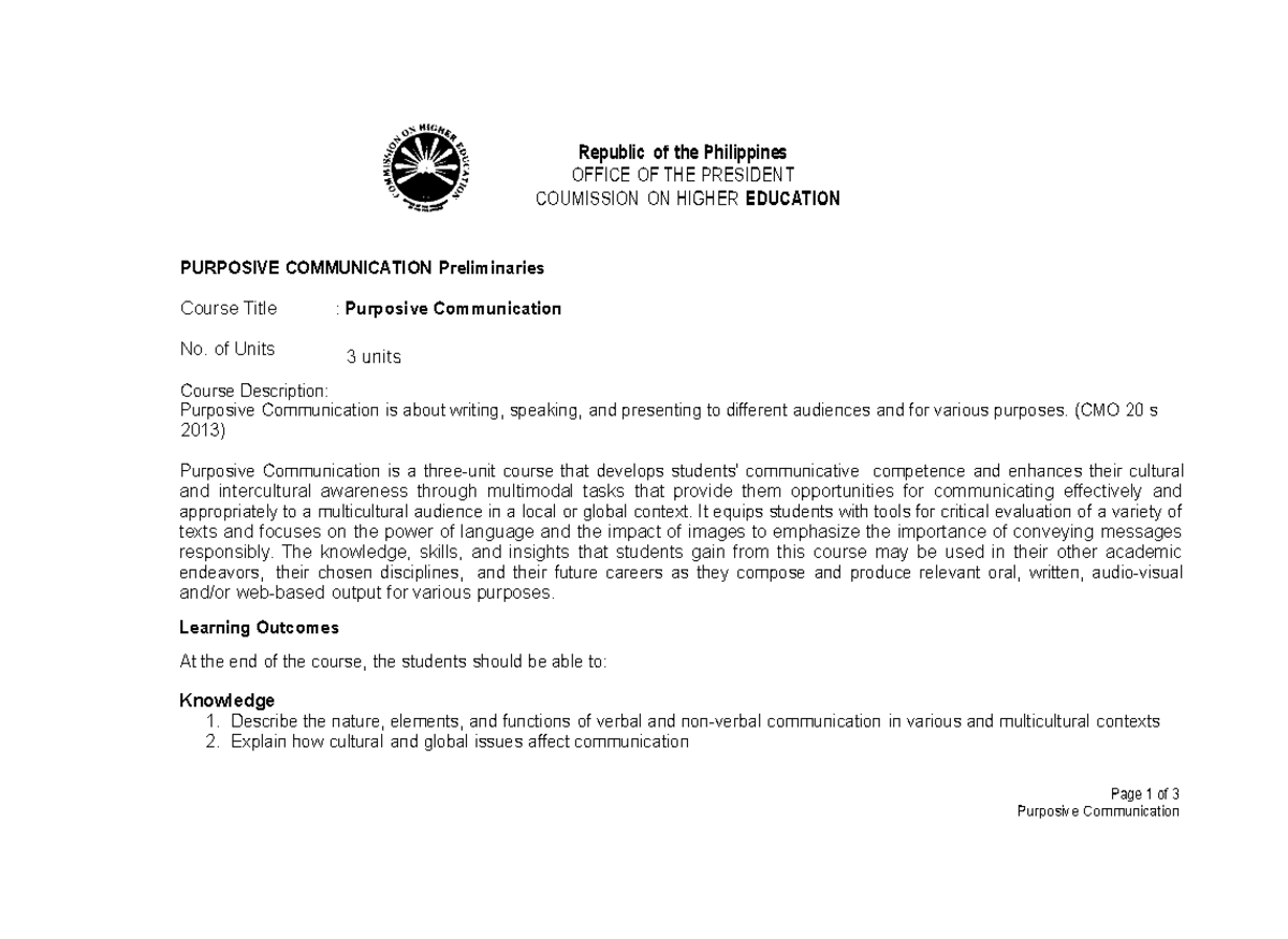 CHED Purposive Communication Syllabus and Learning Outcomes - Studocu