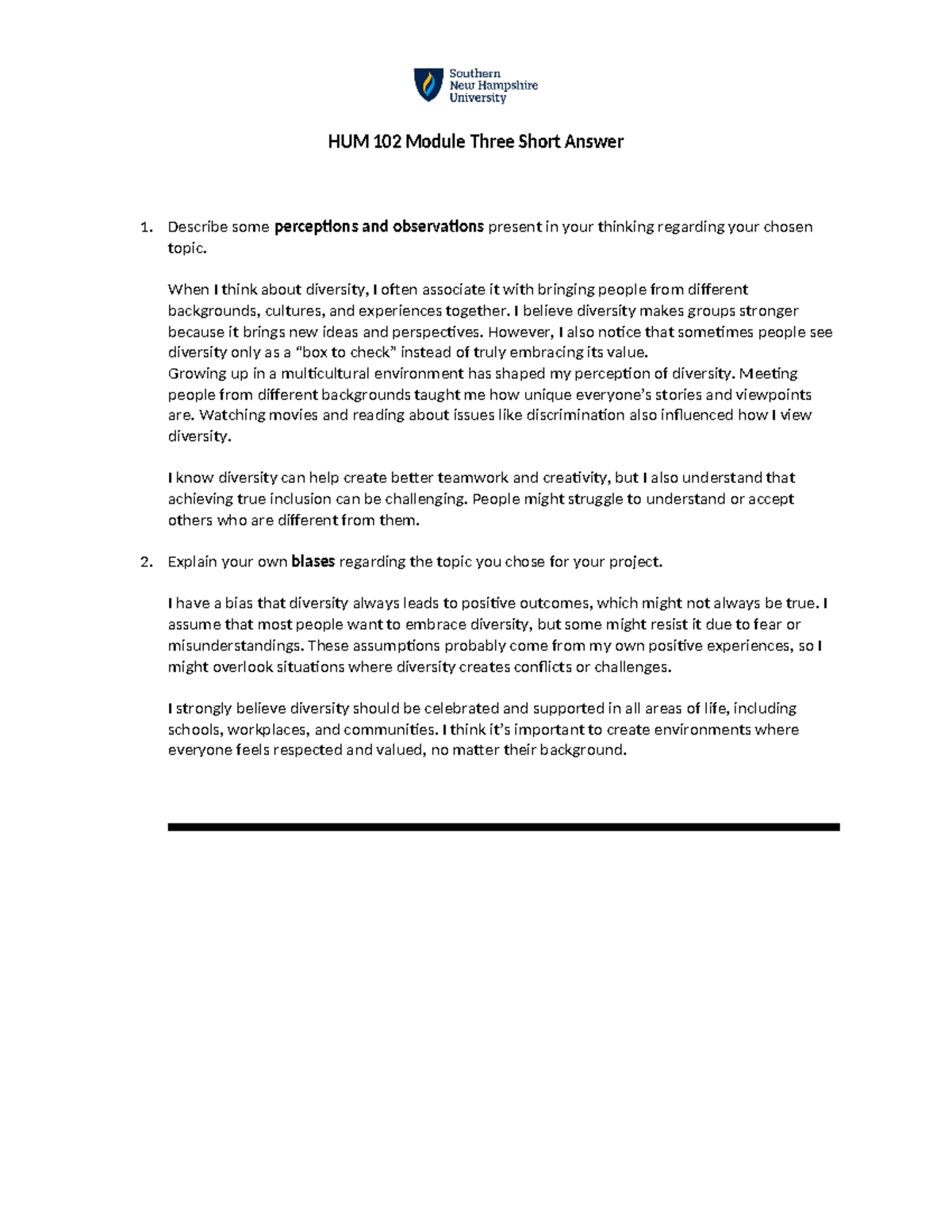HUM 102 Module 3 Short Answer on Diversity and Bias Perspectives - Studocu