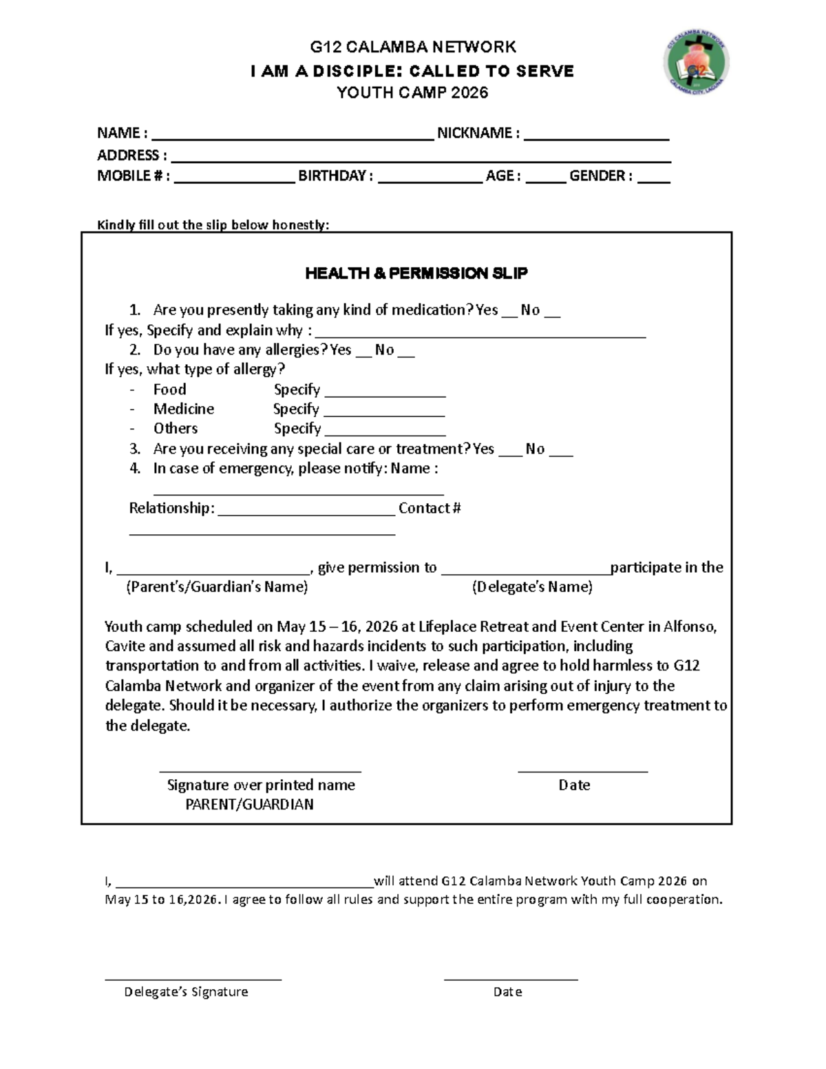 G12 Youth Camp 2026 Health Permission Slip and Waiver Form - Studocu
