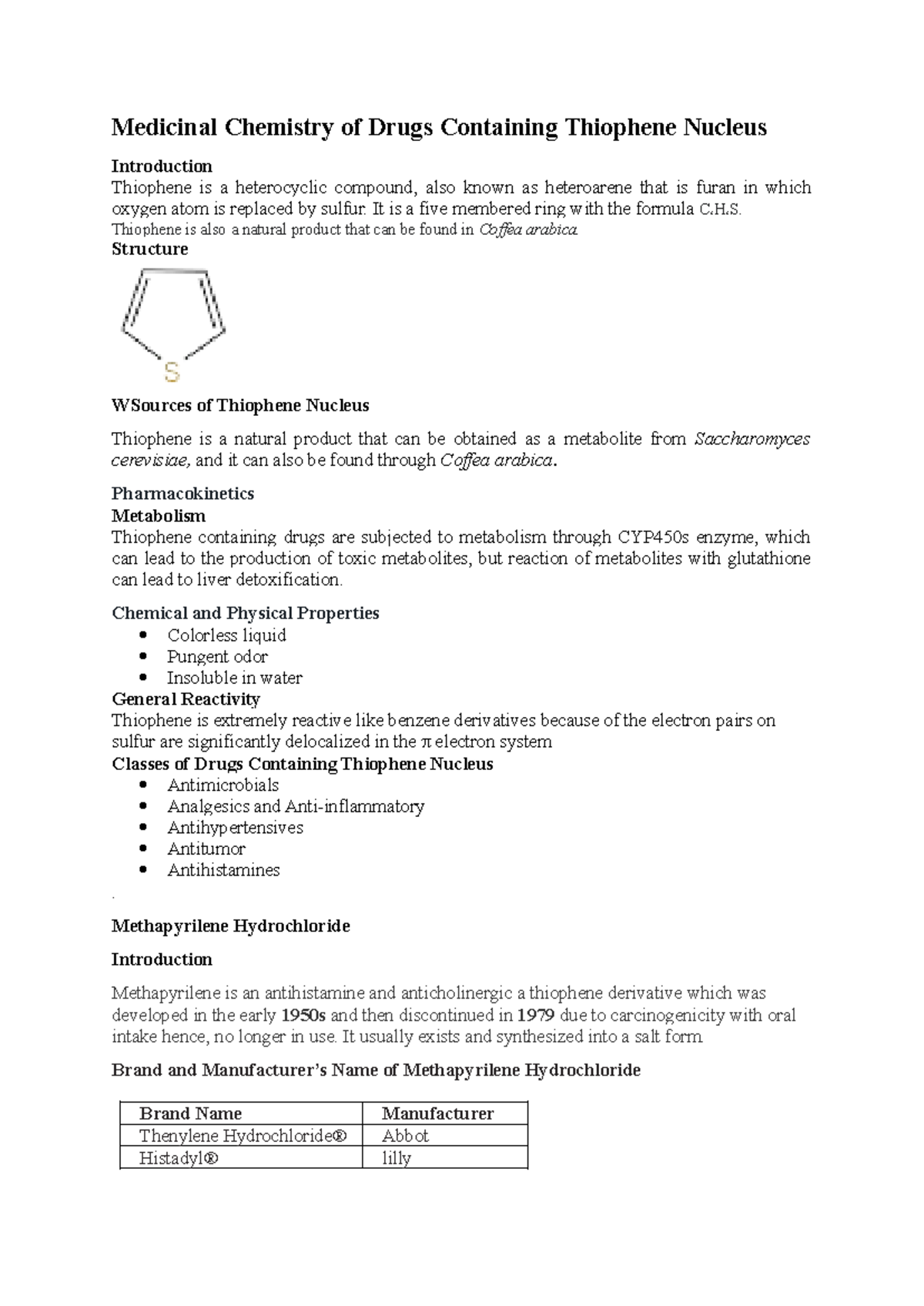 Medicinal Chemistry of Thiophene-Containing Drugs: An Overview - Studocu