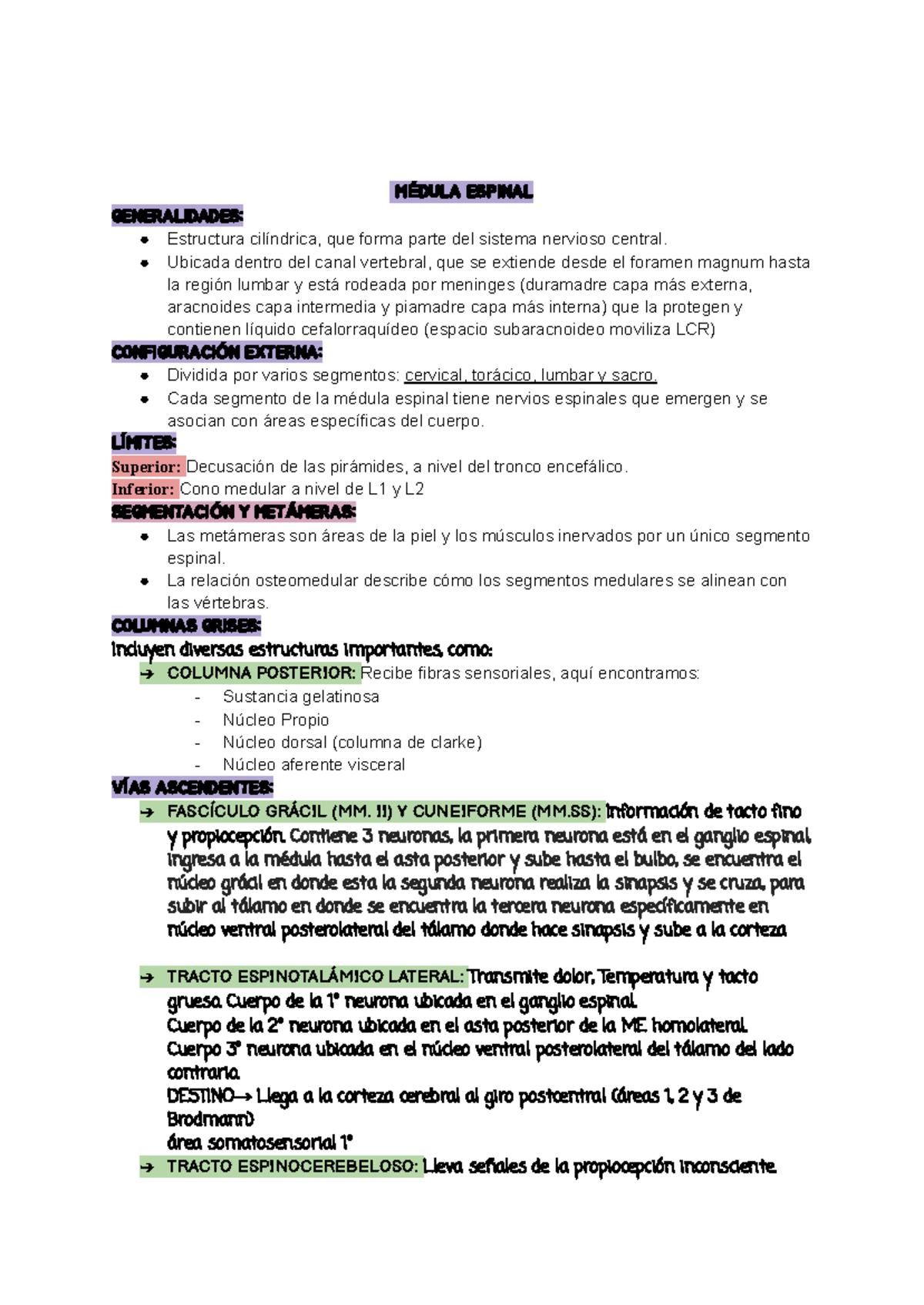 Neuro ii - .... - MÉDULA ESPINAL GENERALIDADES: Estructura cilíndrica ...