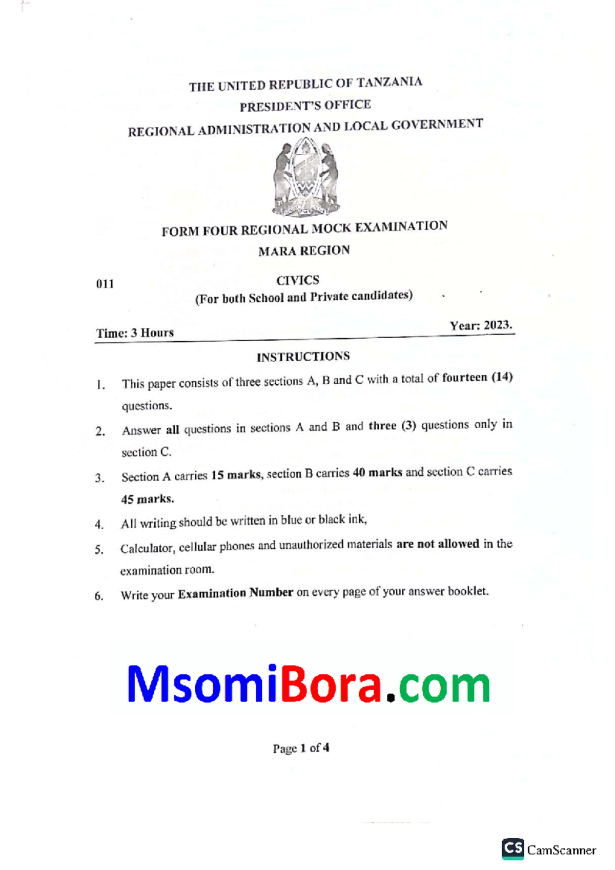 Civics Form Four Regional Mock Exam 011 - Mara Region 2023 - Studocu