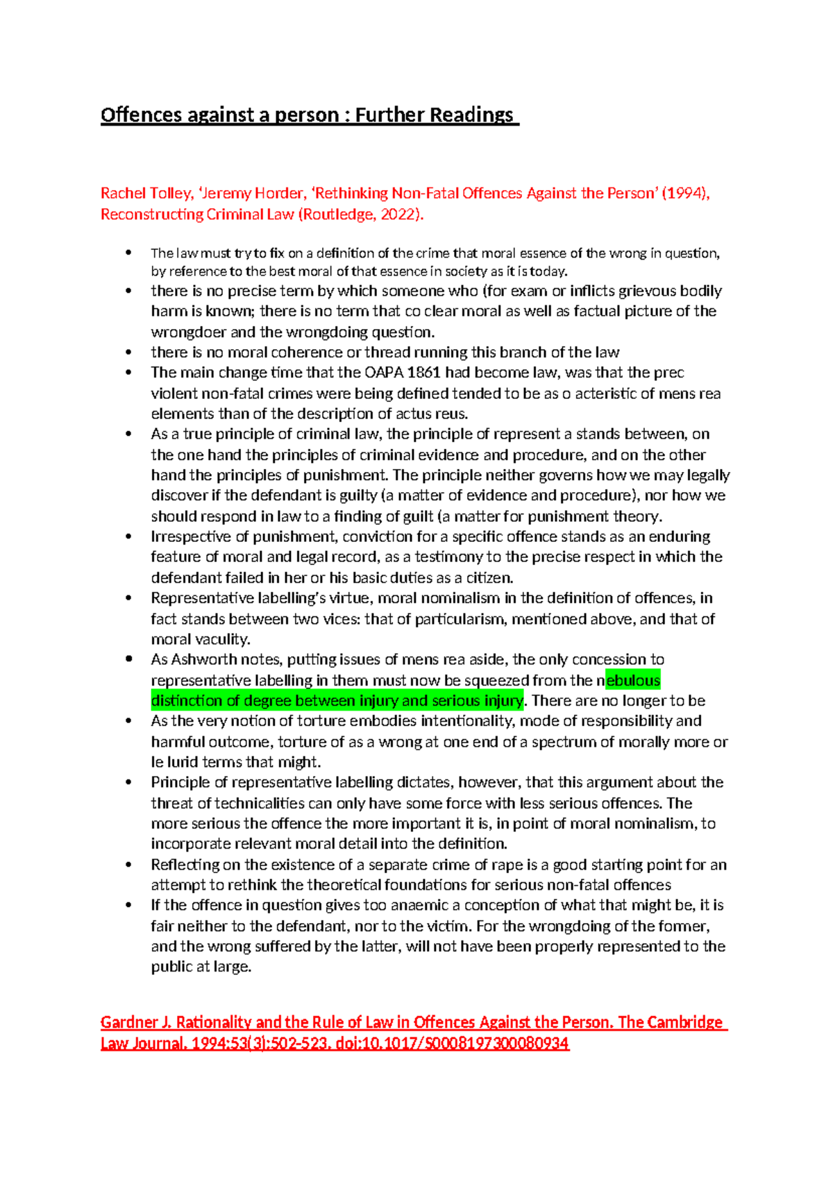 Further Readings on OAPA: Offences Against a Person Notes - Studocu