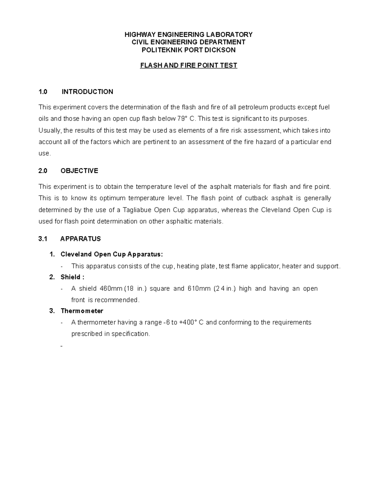 Flash and Fire Point Test in Highway Engineering Lab (CE2301) - Studocu
