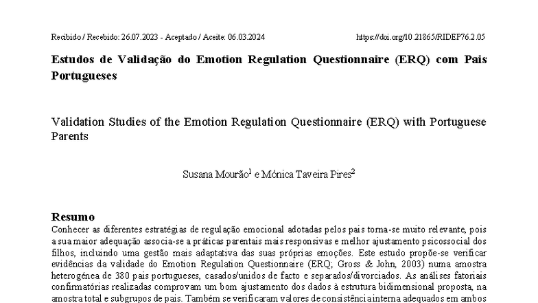 Validação do Emotion Regulation Questionnaire (ERQ) com Pais ...
