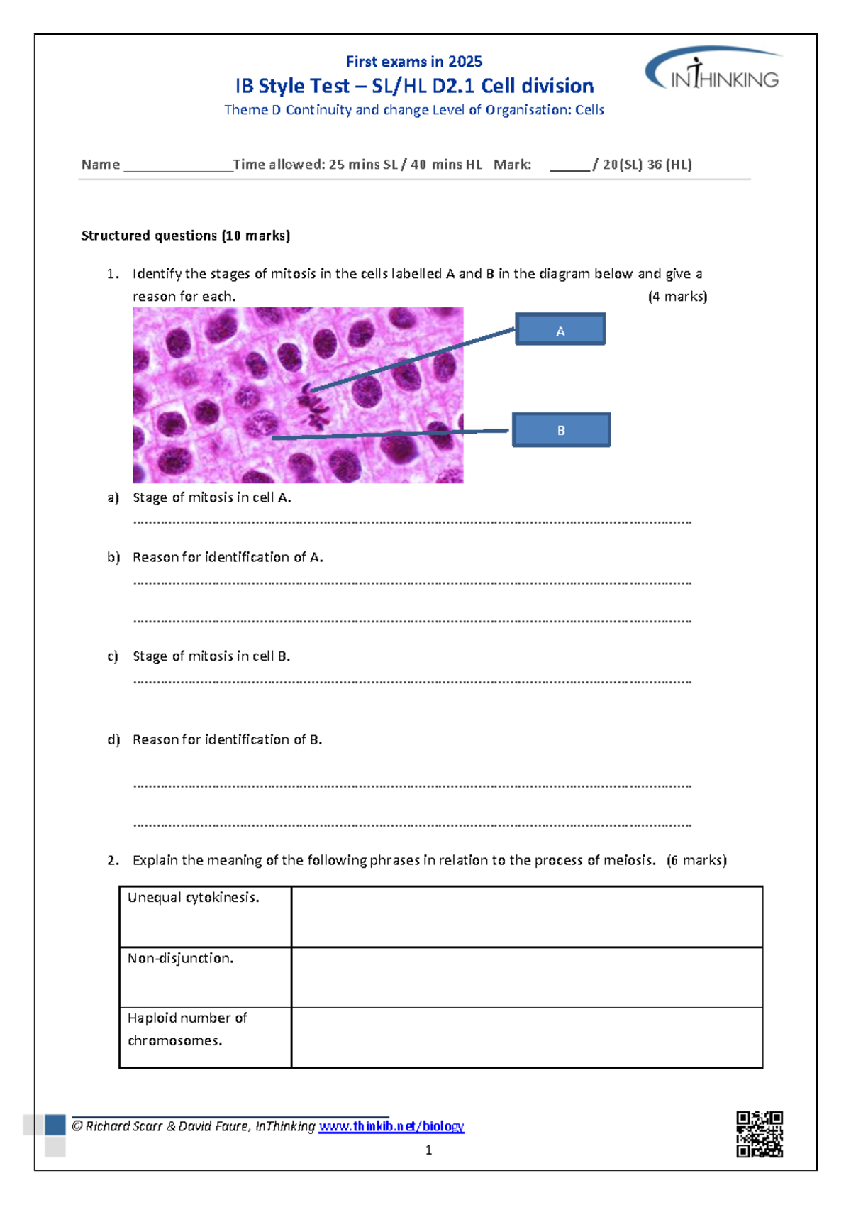 2025 IB Style Test D2.1 Cell Division & ATP Role in Calvin Cycle - Studocu