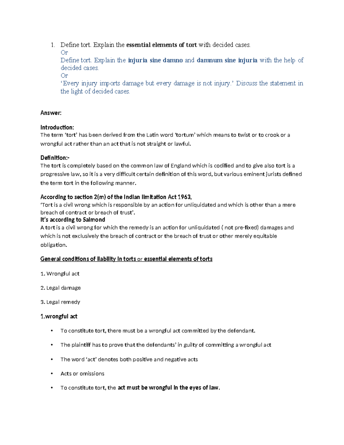 Tort Law Unit 1 Notes: Essential Elements and Case Discussions - Studocu
