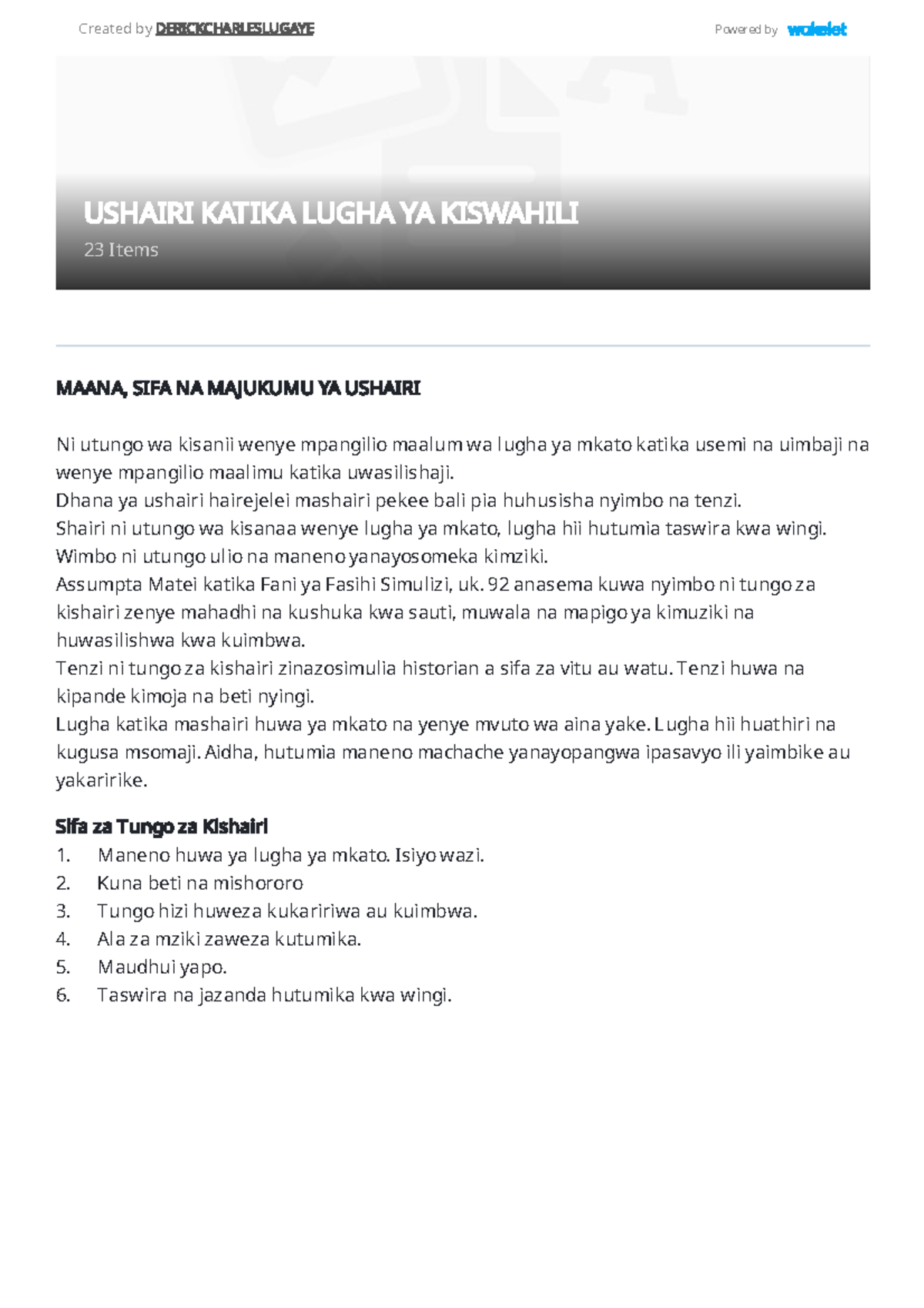 Ushairi katika Lugha ya Kiswahili: Maana, Sifa na Majukumu Yake - Studocu