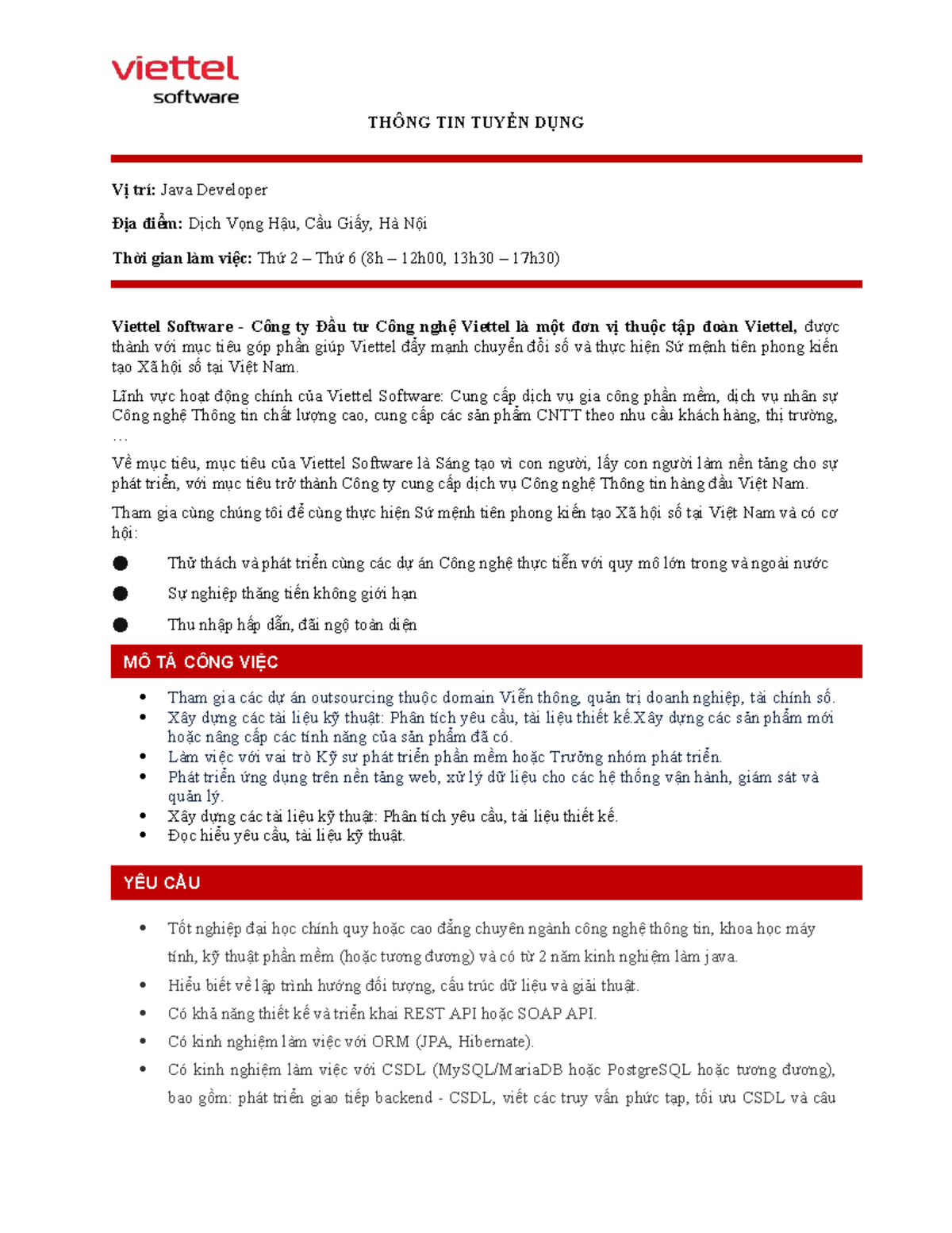 Viettel Software JD: Java Developer Position in Hanoi - Studocu