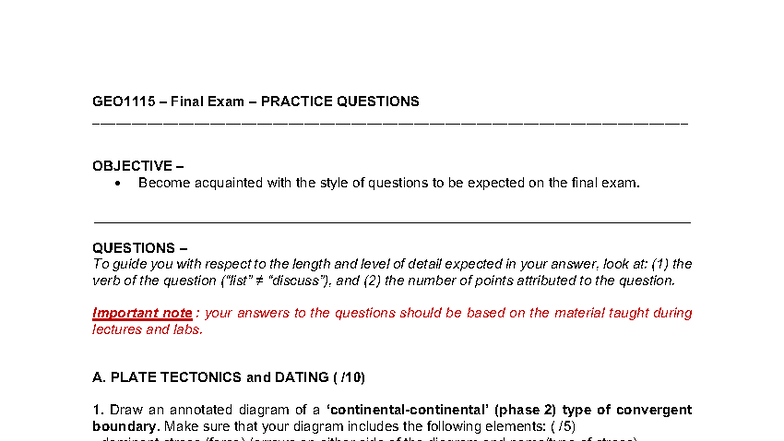 Final Exam Practice Questions for Geology 101: Plate Tectonics & Rock ...