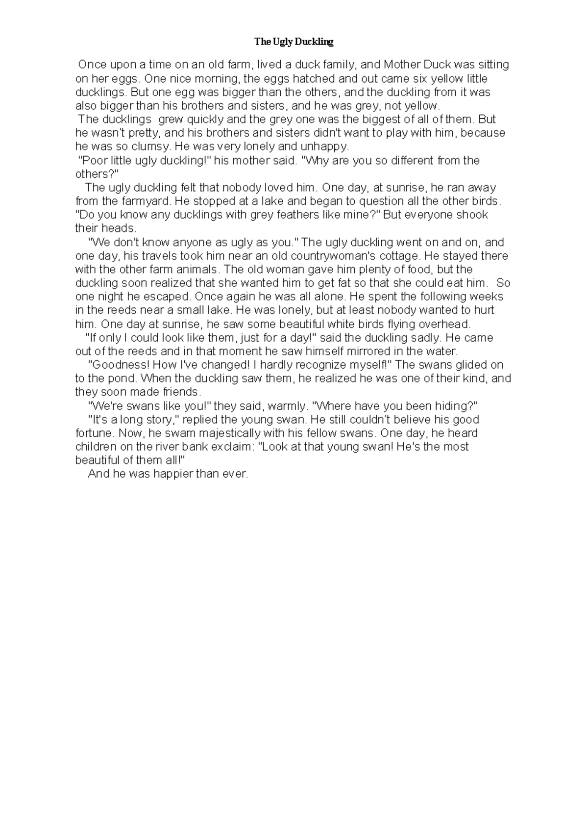 The Ugly Duckling - Reading Comprehension Practice - Studocu