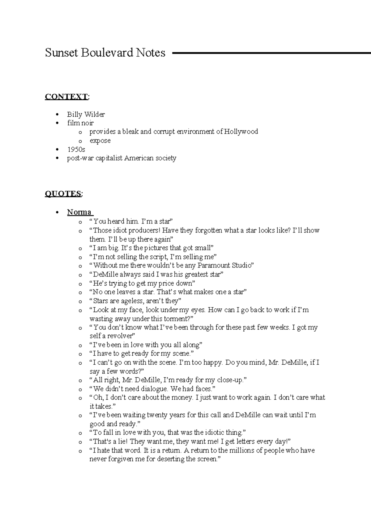 Sunset Boulevard (Film Noir) Analysis & Key Themes Notes - Studocu