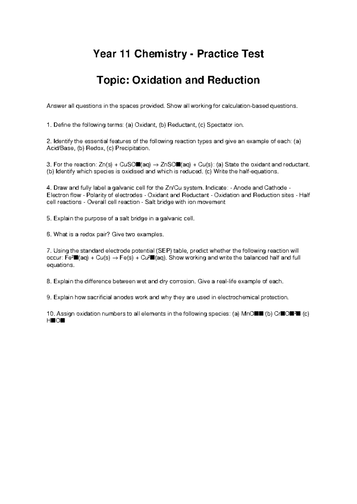 Year 11 Chemistry Practice Test: Redox Concepts and Reactions - Studocu