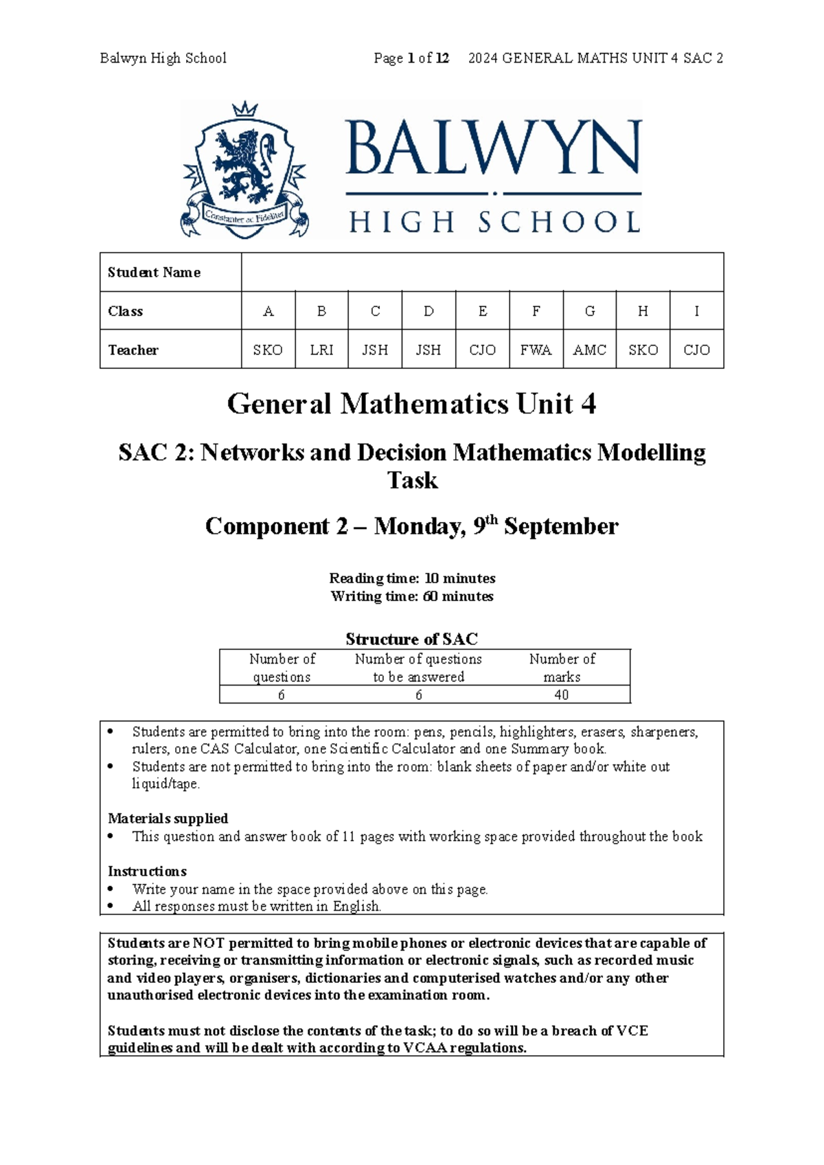 2024 GENERAL MATHS UNIT 4 SAC 2: Networks & Decision Maths Modelling ...