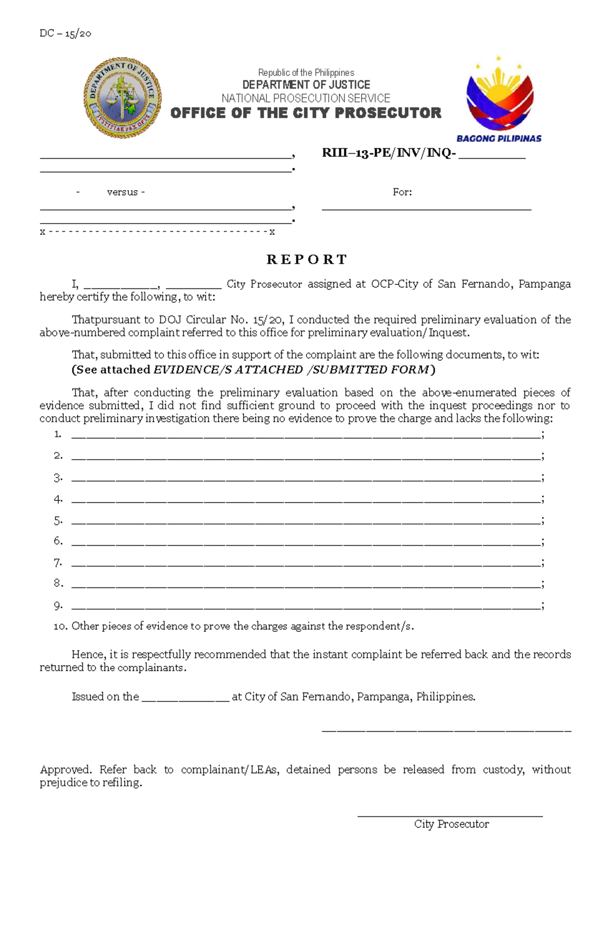 Report on Termination Lacking Evidence - DOJ Circular No. 15/20 - Studocu