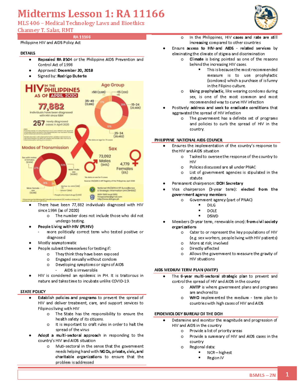 MTLB-Lesson-1-RA-11166 - Midterms Lesson 1: RA 11166 MLS 406 – Medical ...