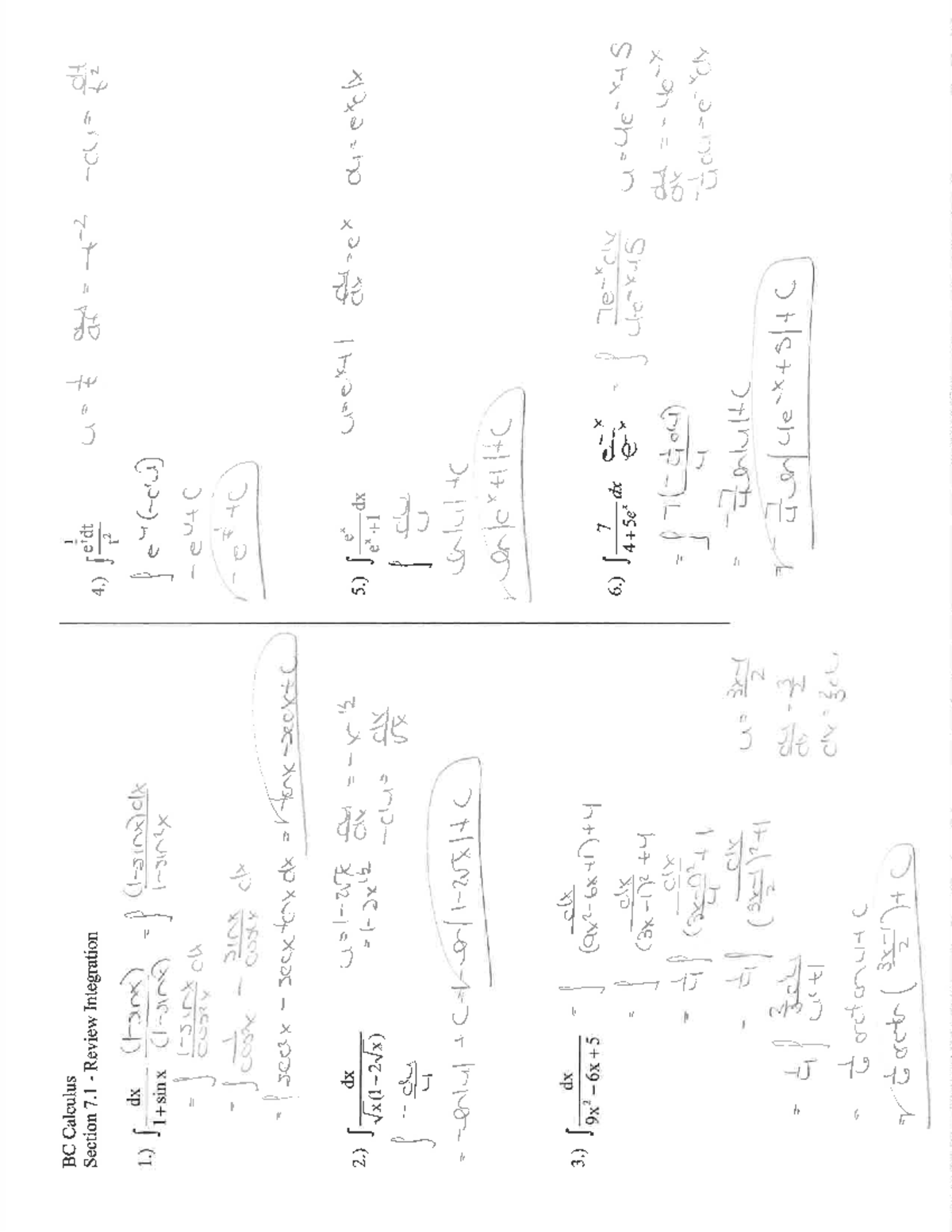 BC - Day 7.1 Review integration (key) - BC Calculus Section 7 Review ...