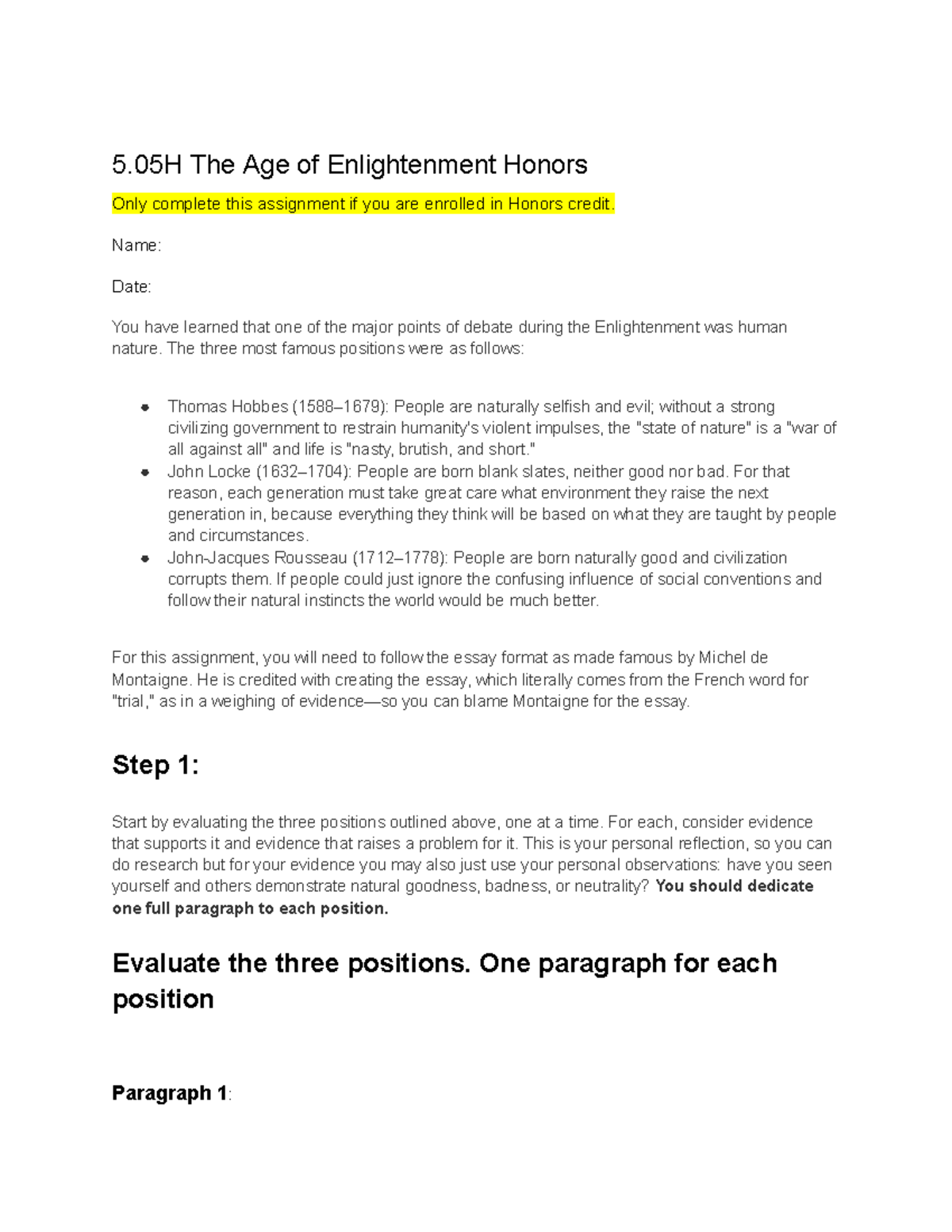 5.05H Honors Essay: Evaluating Human Nature in the Enlightenment - Studocu