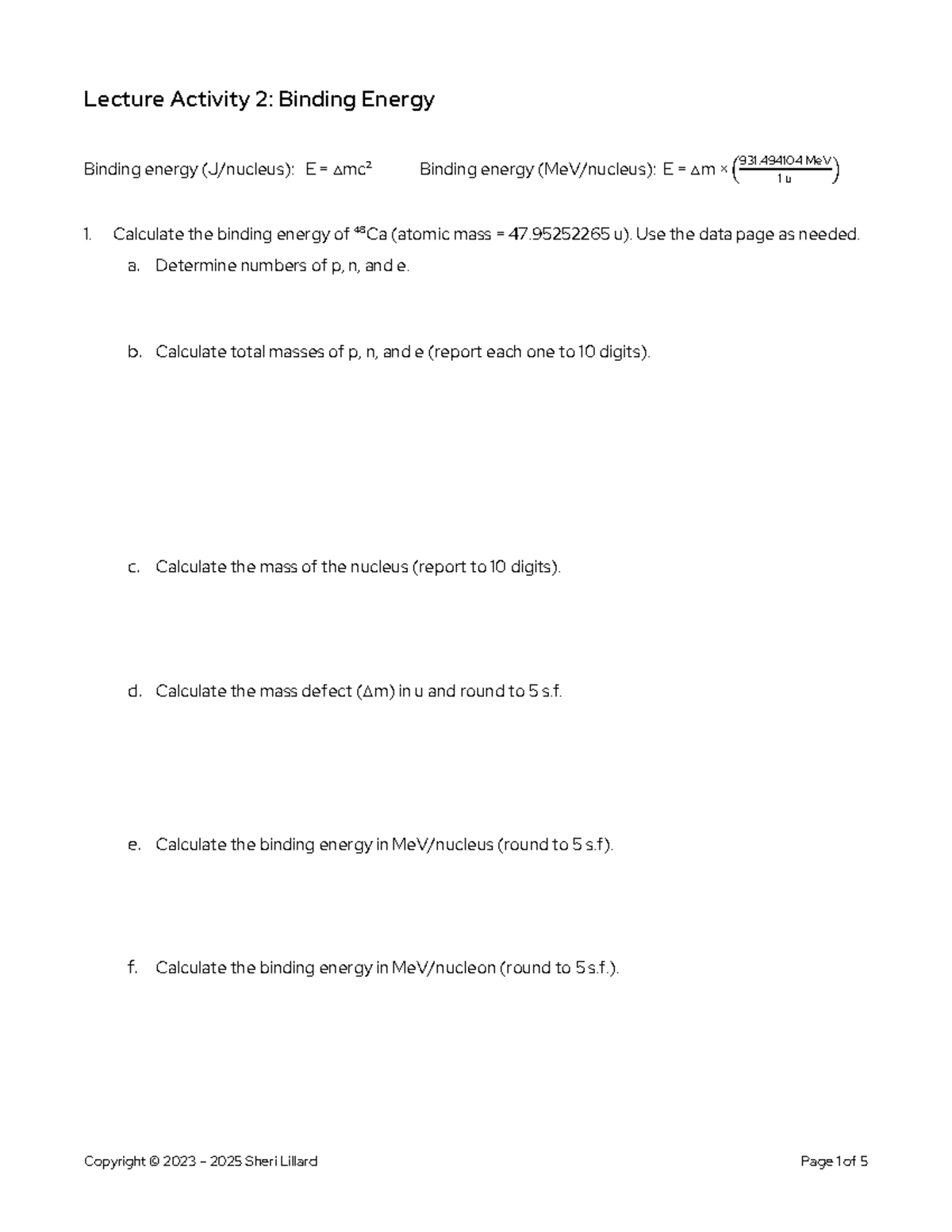 Lecture Activity 2: Calculating Binding Energy of Isotopes - Studocu