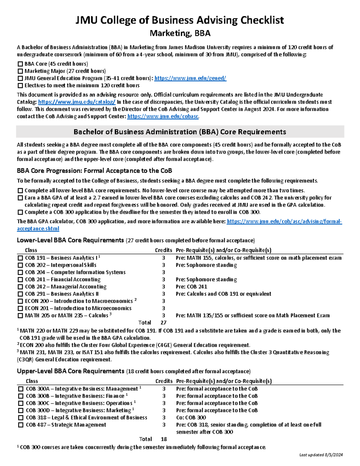 JMU BBA Marketing Major Advising Checklist and Requirements - Studocu
