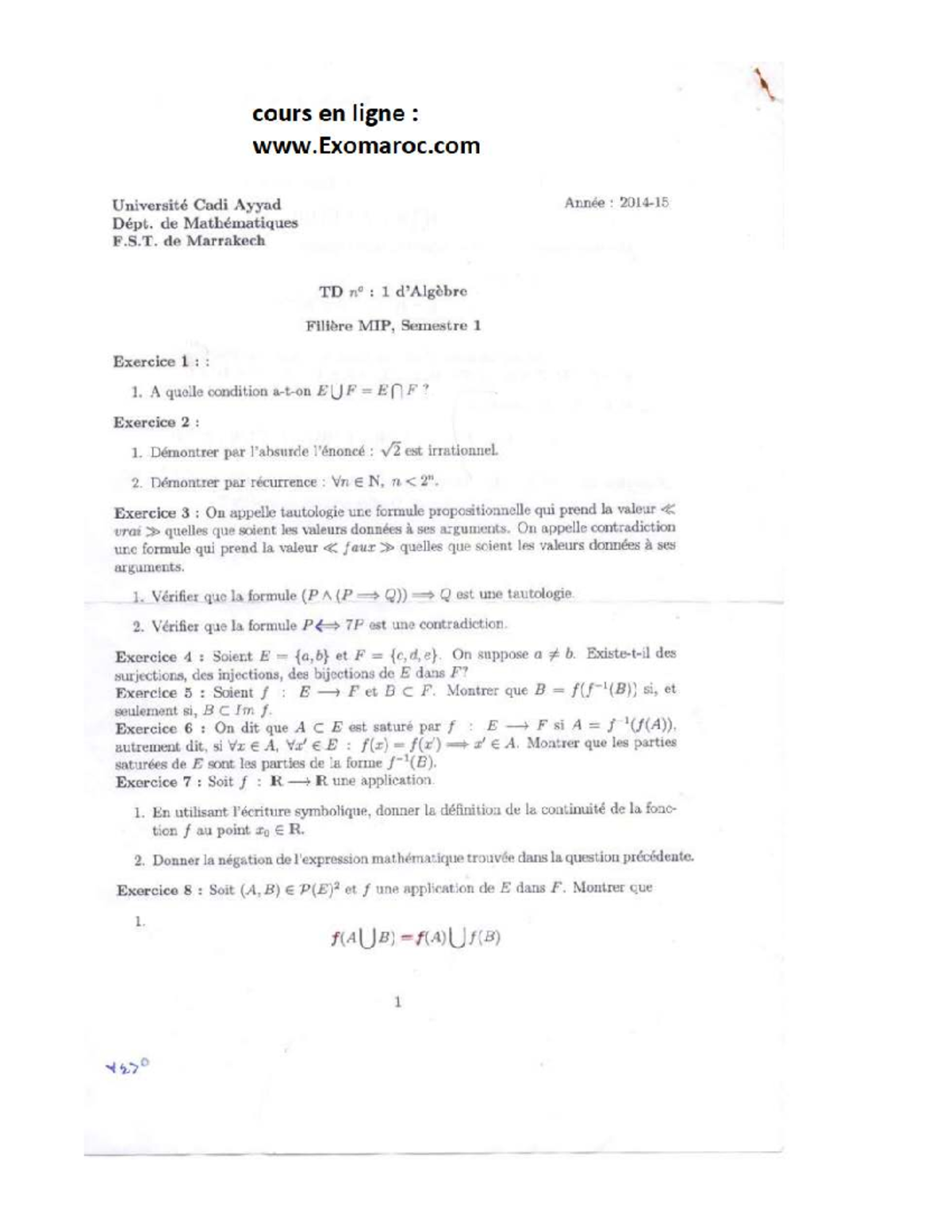 TD 1 : Exercice sur les Tautologies et Contradictions en Mathématiques ...