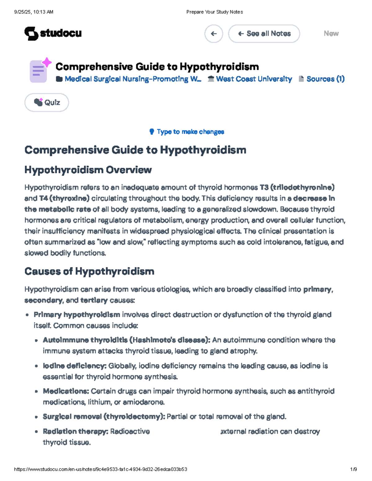 Comprehensive Study Notes on Hypothyroidism (MED 101) - Studocu