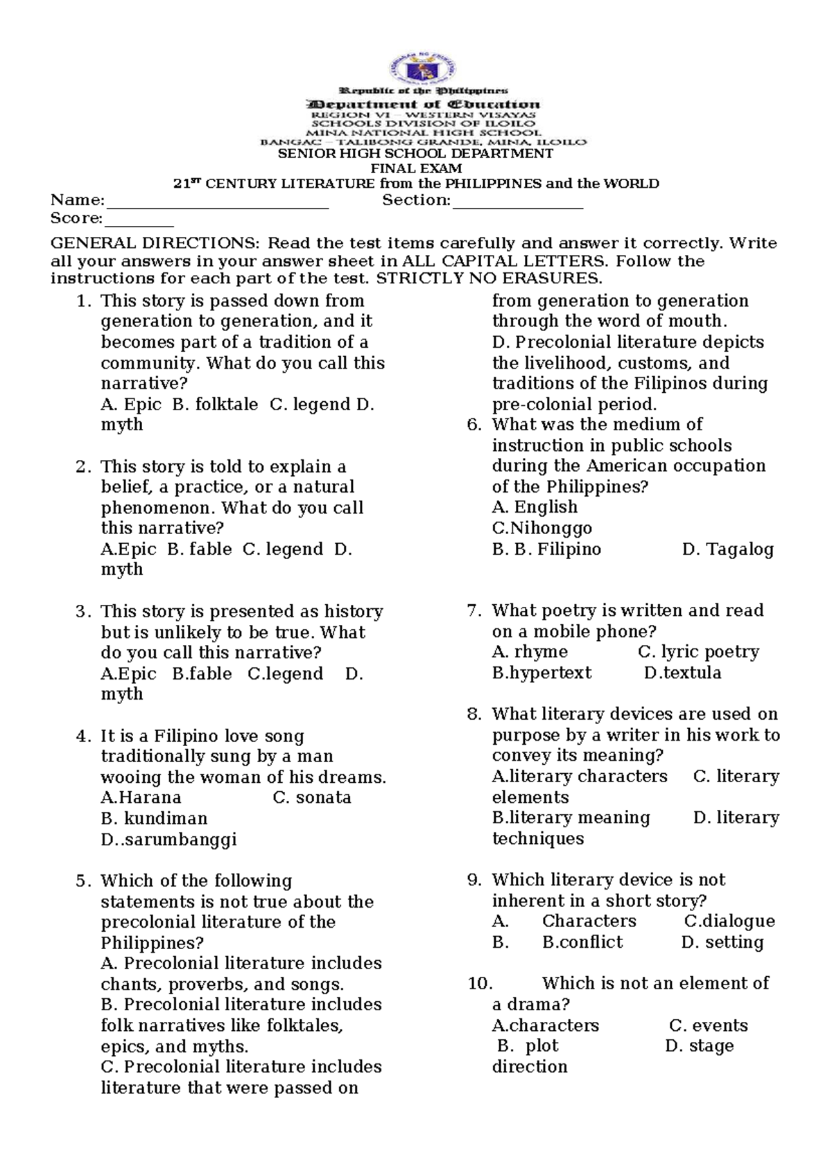 21ST CENTURY LITERATURE FINAL EXAM: SENIOR HIGH SCHOOL - Studocu