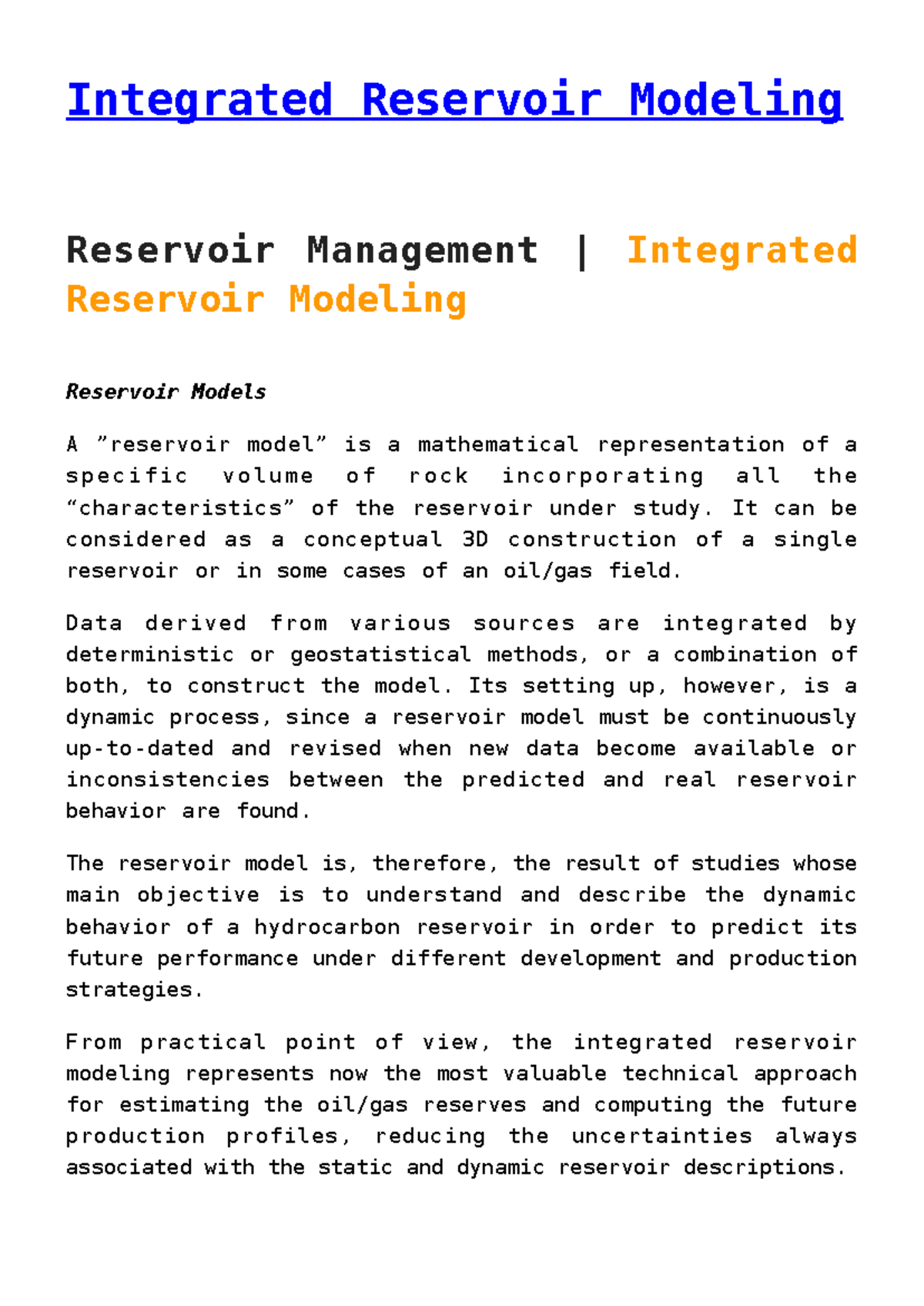 Integrated Reservoir Modeling: Techniques and Applications (ENGR 301 ...