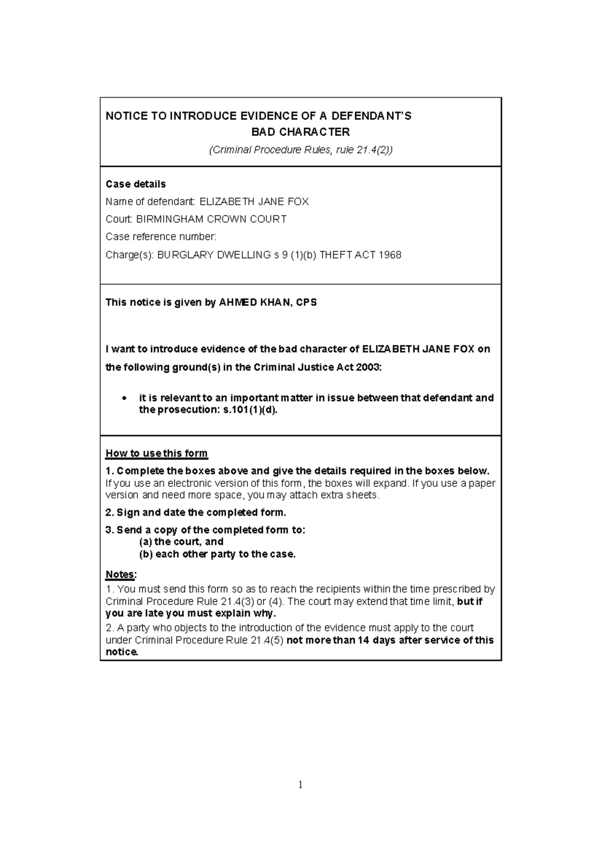 NOTICE TO INTRODUCE BAD CHARACTER EVIDENCE (Crim Proc R 21.4(2)) - Studocu