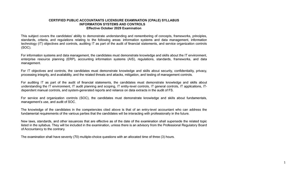 CPALE 2029: Syllabus for Information Systems & Controls Exam - Studocu