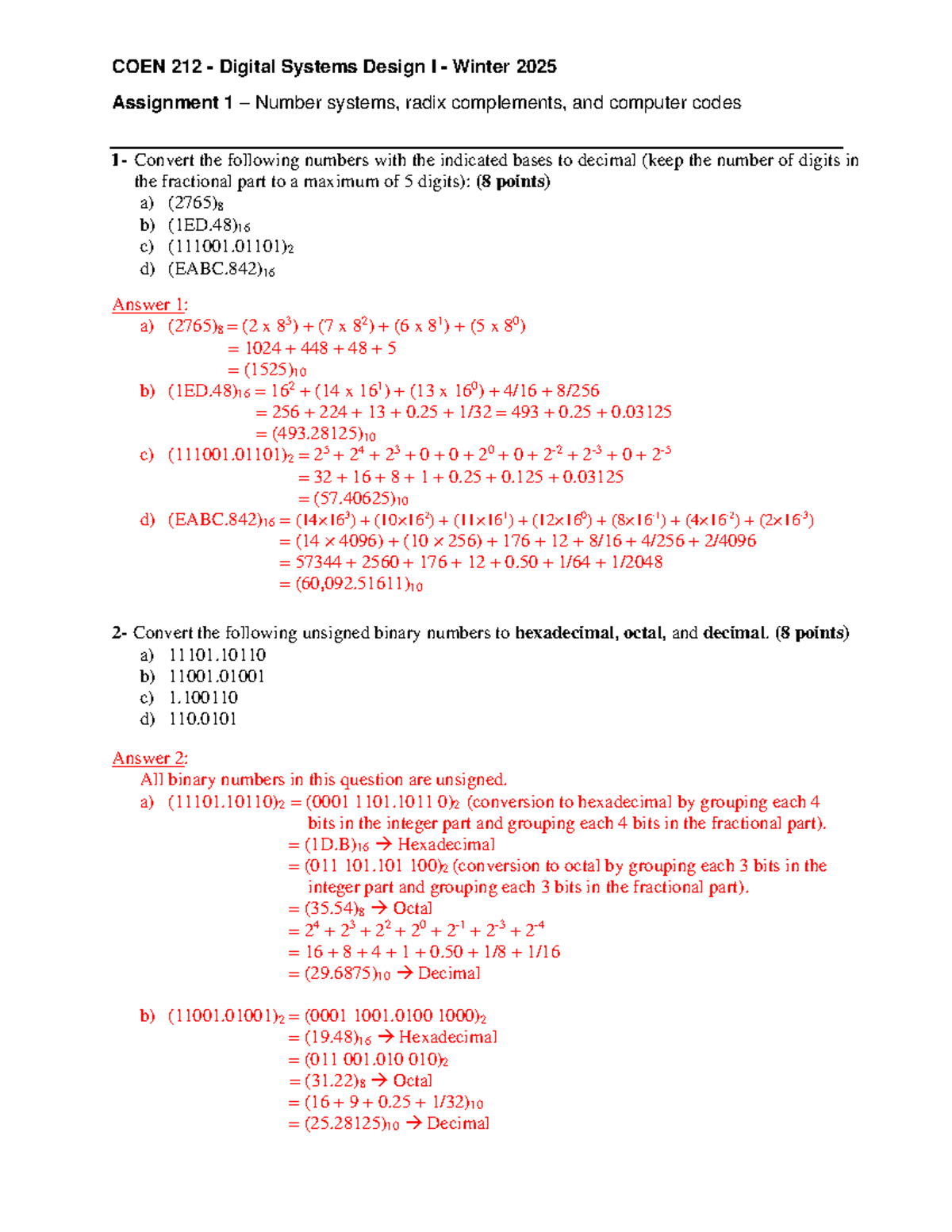 COEN 212 Digital Systems Design I Winter 2025 Assignment 1 Solutions on ...
