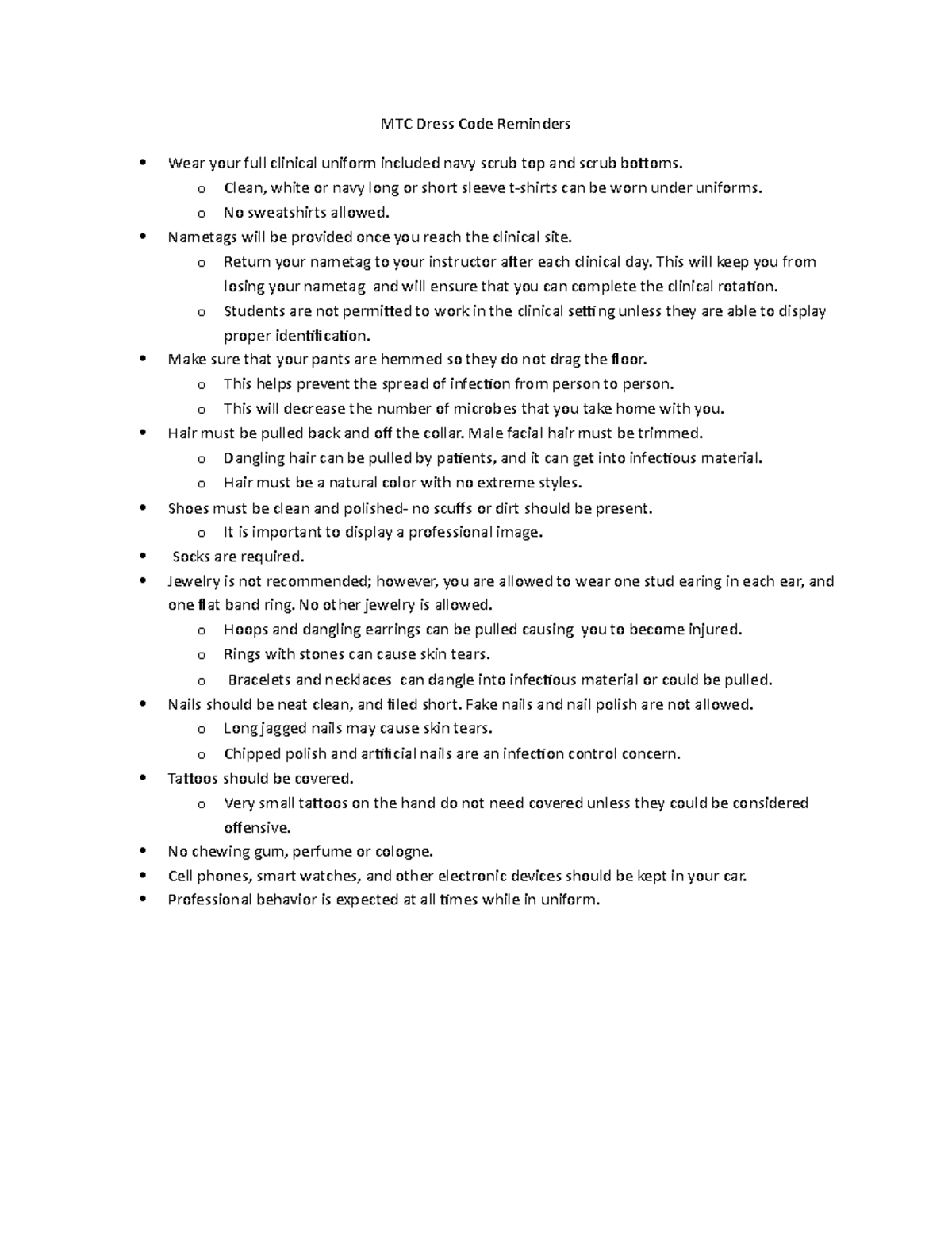 MTC Clinical Dress Code Guidelines and Reminders - Studocu