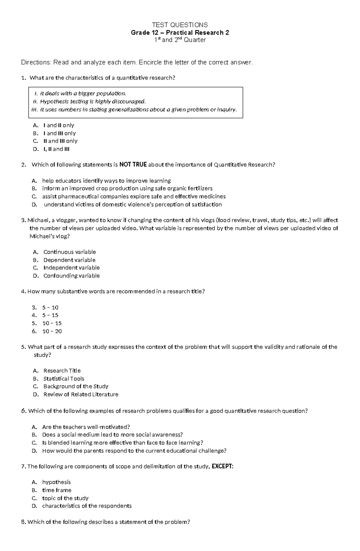 TQ PR2 - Test Question Practice for Practical Research 2 - Studocu