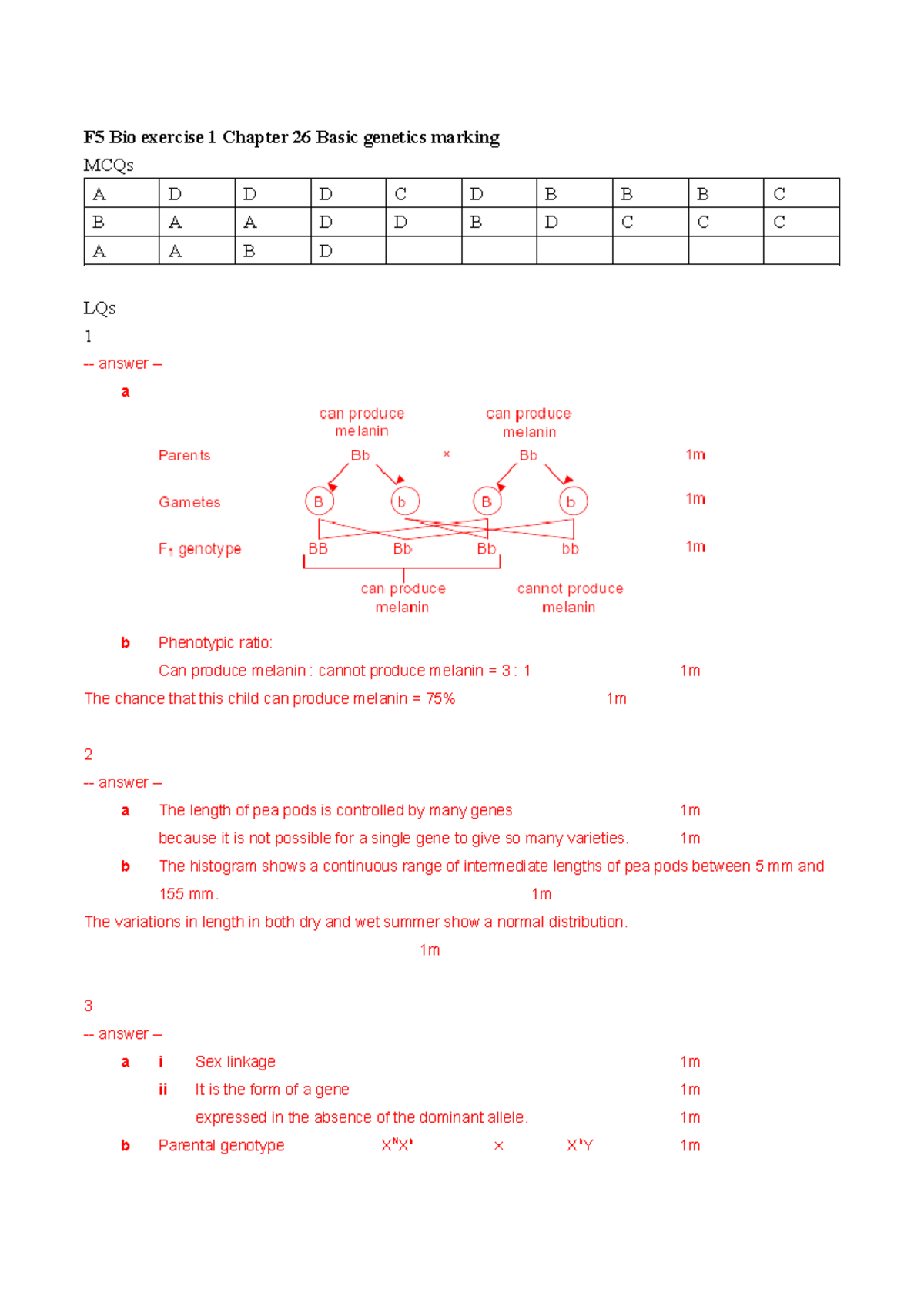 F5 Bio exercise 1 Chapter 26 Basic genetics marking - F5 Bio exercise 1 ...
