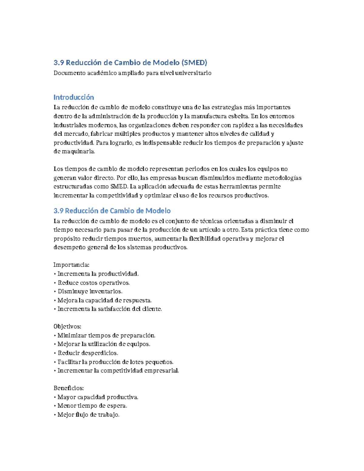 3.9 Reducción de Cambio de Modelo (SMED) - Apuntes Universitarios - Studocu