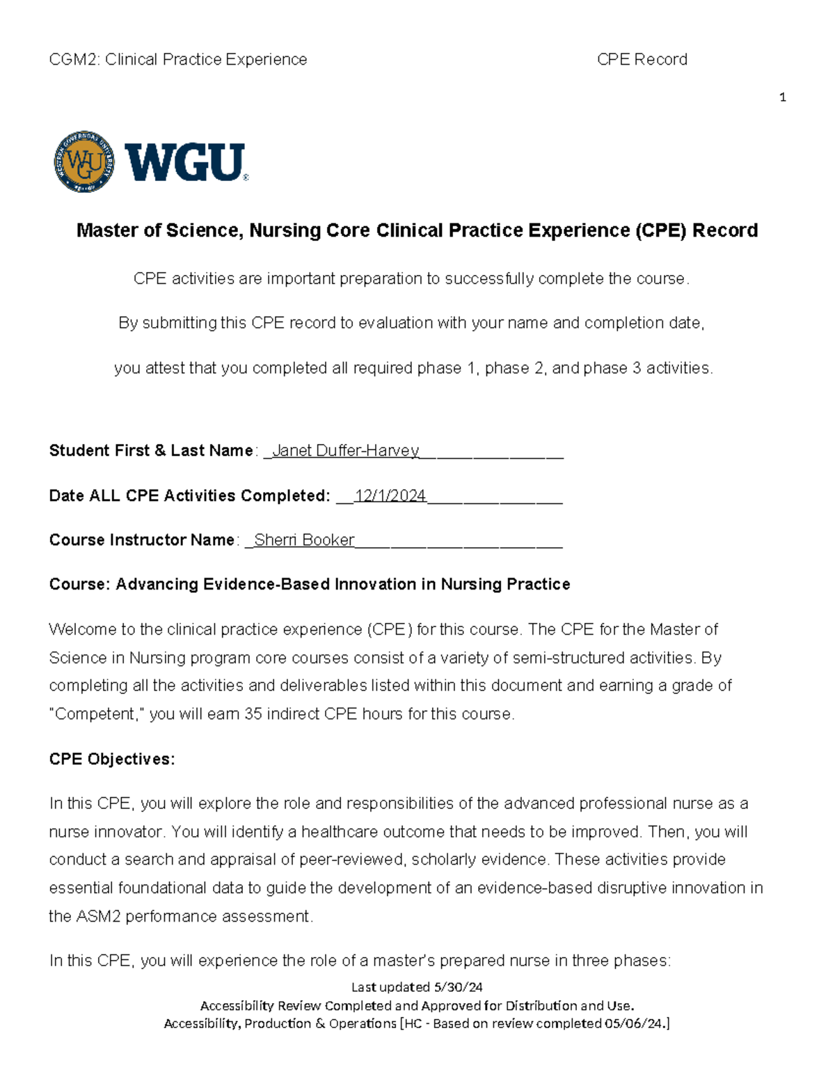 CPE Record D031: Nursing Core Clinical Practice Experience Overview ...