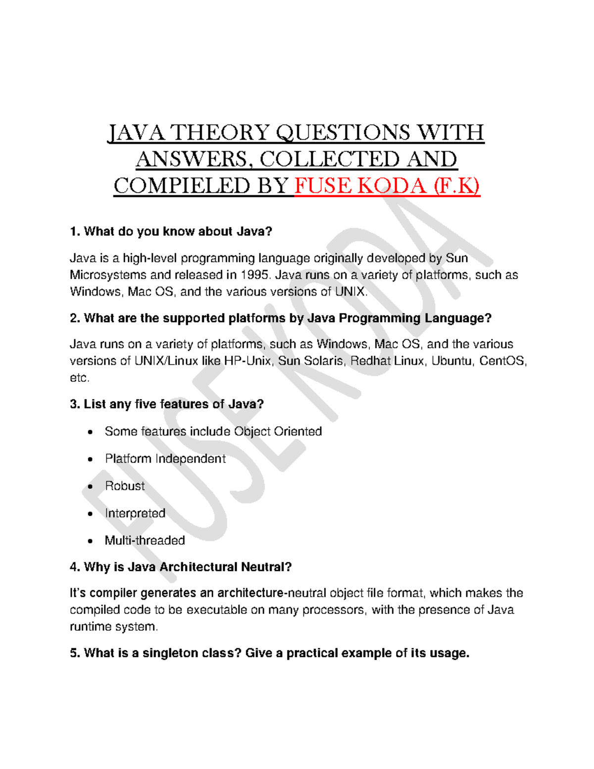 JAVA THEORY Q&A: COMPILED QUESTIONS & ANSWERS (F.K) - Studocu