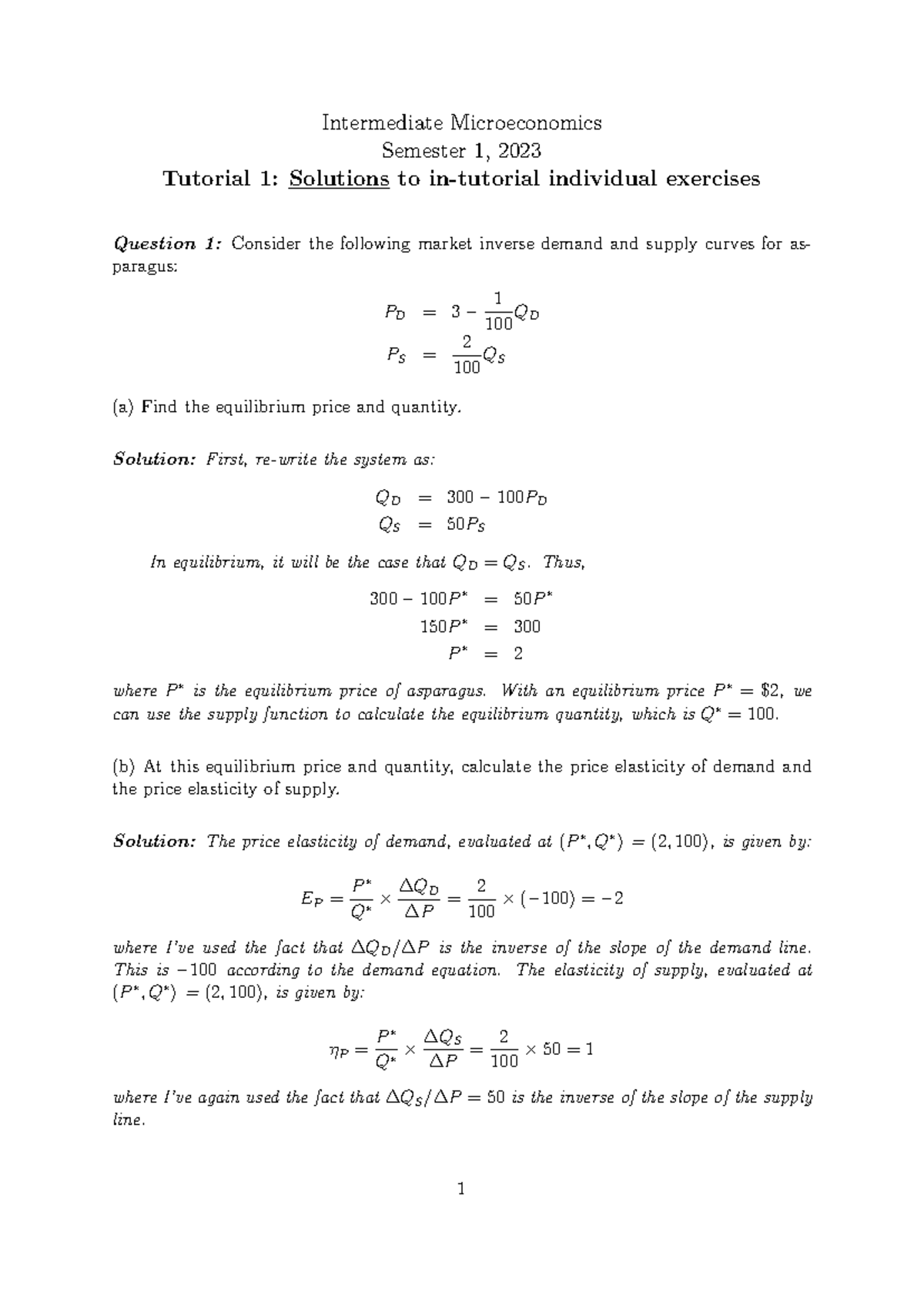 IM IN T1 2023 Solutions - pre - Intermediate Microeconomics Semester 1, 2023 Tutorial 1 ...