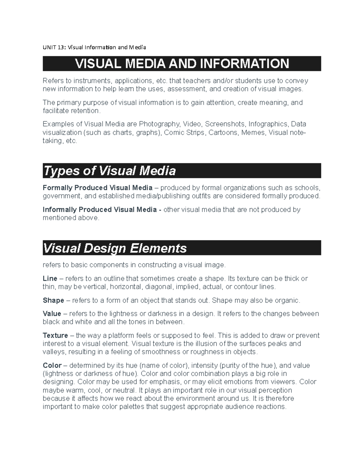 UNIT 13 - Visual Information & Media Notes - Studocu