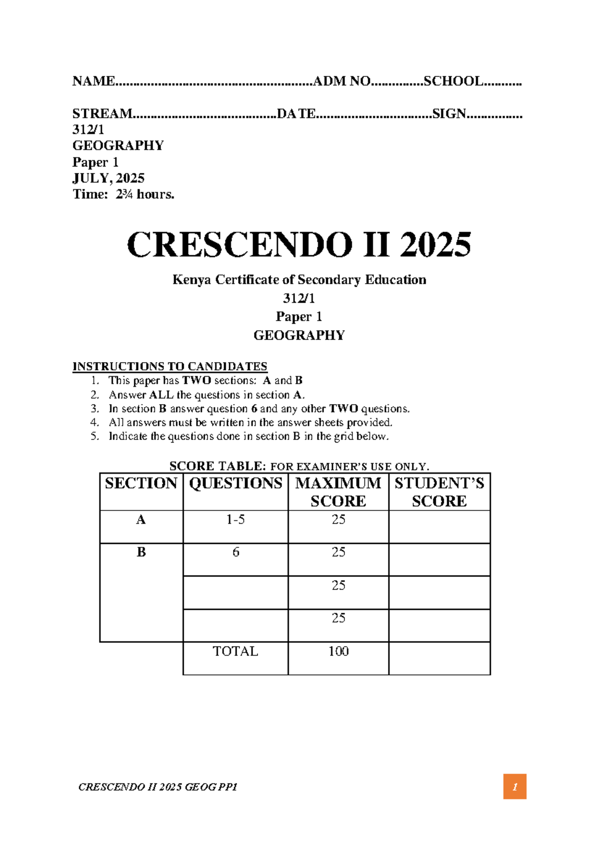 CRESCENDO II 2025 GEOG PP1 - Geography Paper 1 Exam Guide - Studocu