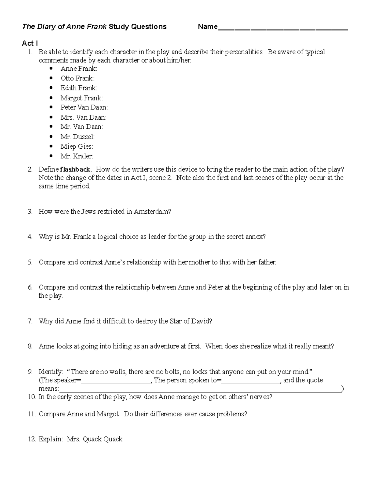 Play study questions NEW - The Diary of Anne Frank Study - Studocu