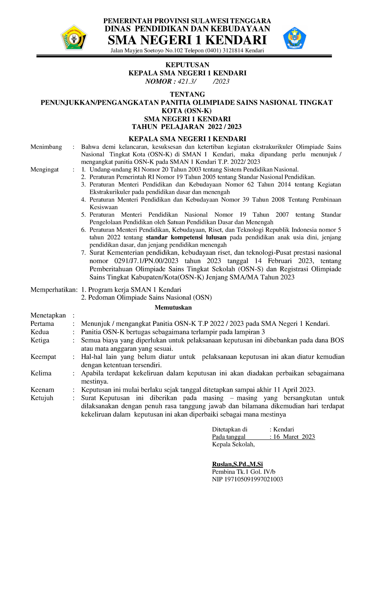 Keputusan Panitia Olimpiade Sains Nasional Tingkat Kota (OSN-K) 2022 ...